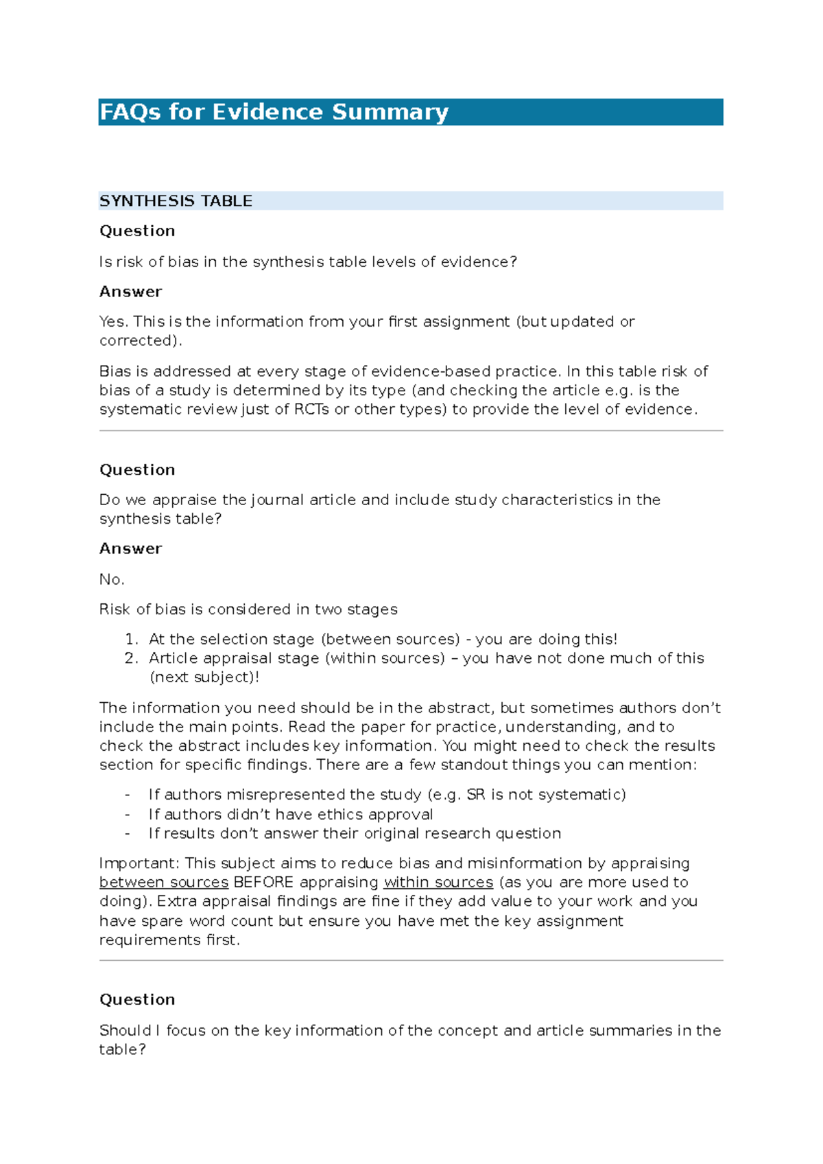FAQs for Evidence Summary: Understanding Bias in Synthesis Tables - Studocu