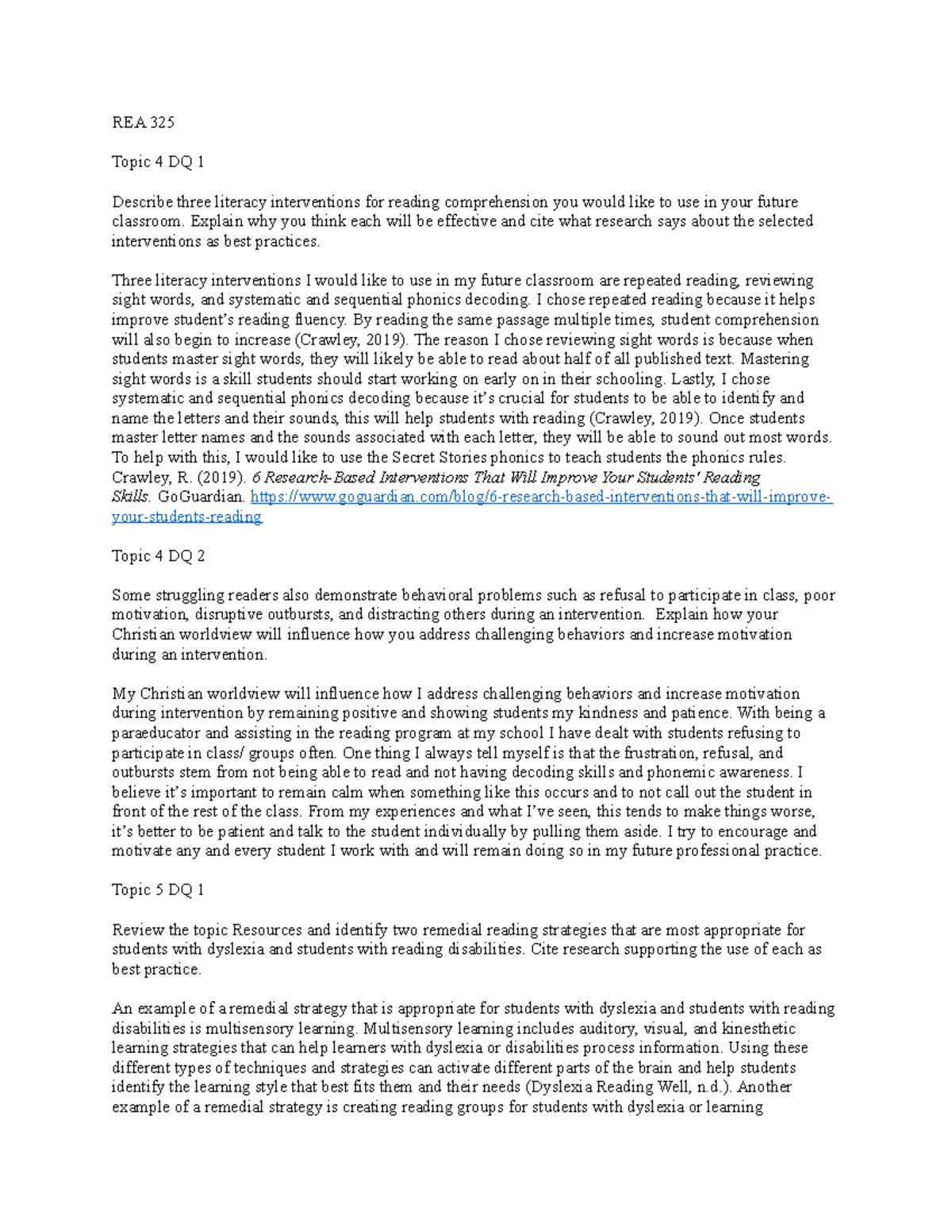 REA 325 DQ Discussion - Weeks 4 to 6 on Literacy Interventions ...