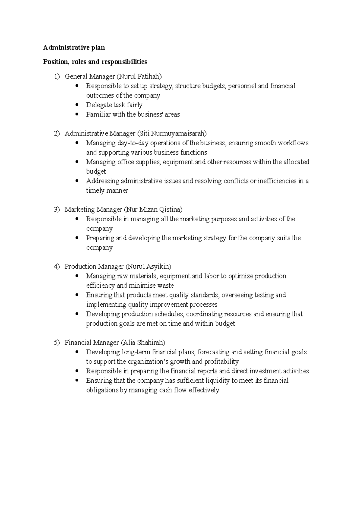 Administrative Plan - Roles & Responsibilities Overview - Studocu