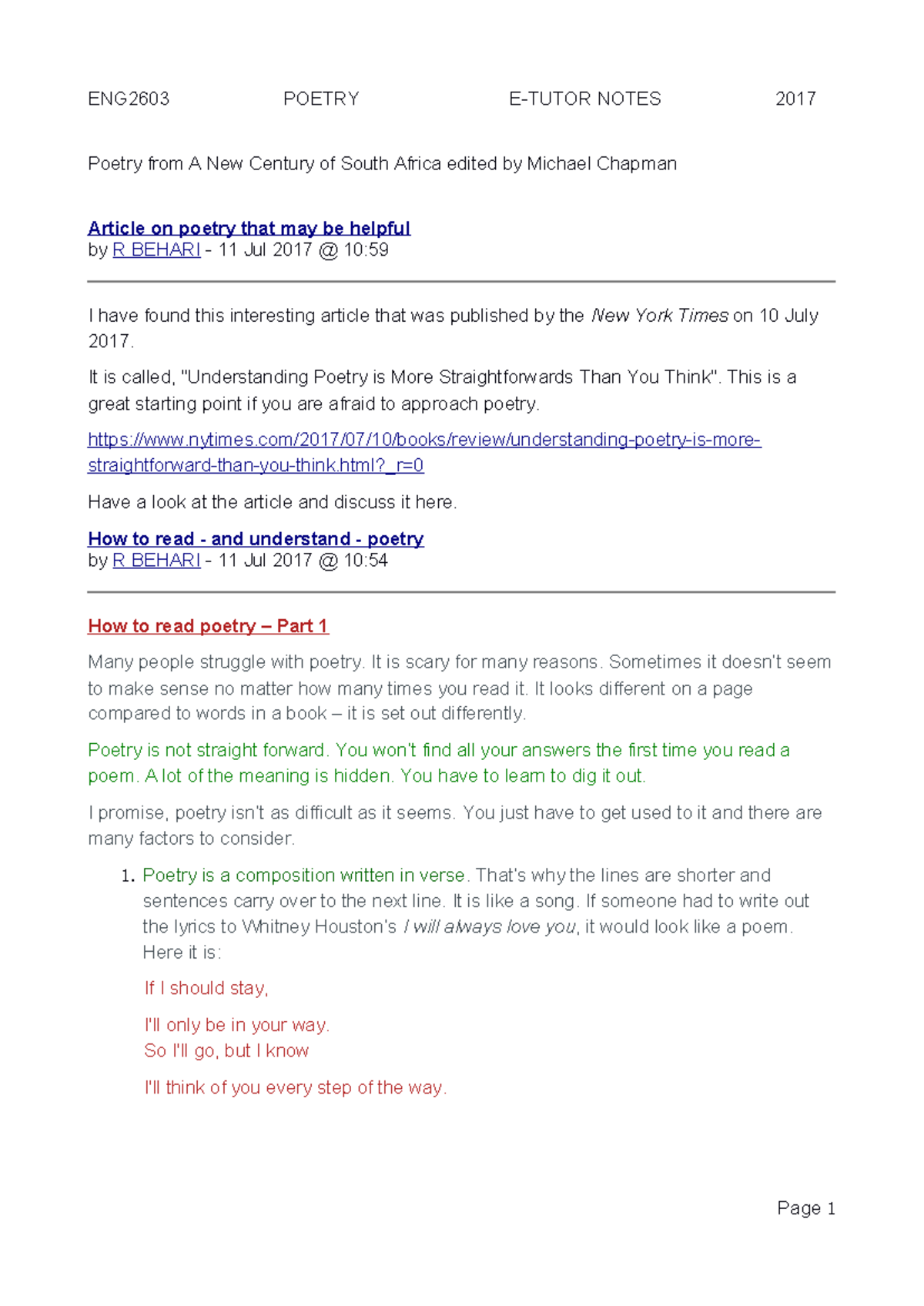 ENG2603 E-Tutor Notes on Understanding and Analyzing Poetry - Studocu