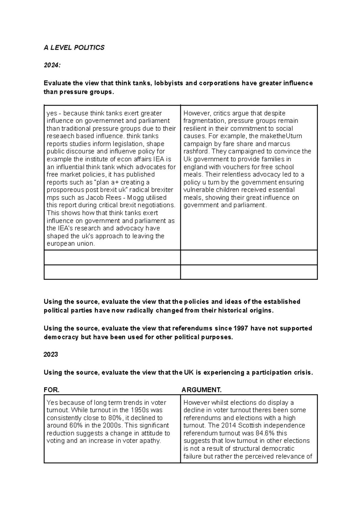 A LEVEL POLITICS 2024: Evaluating Influence of Think Tanks vs Pressure ...