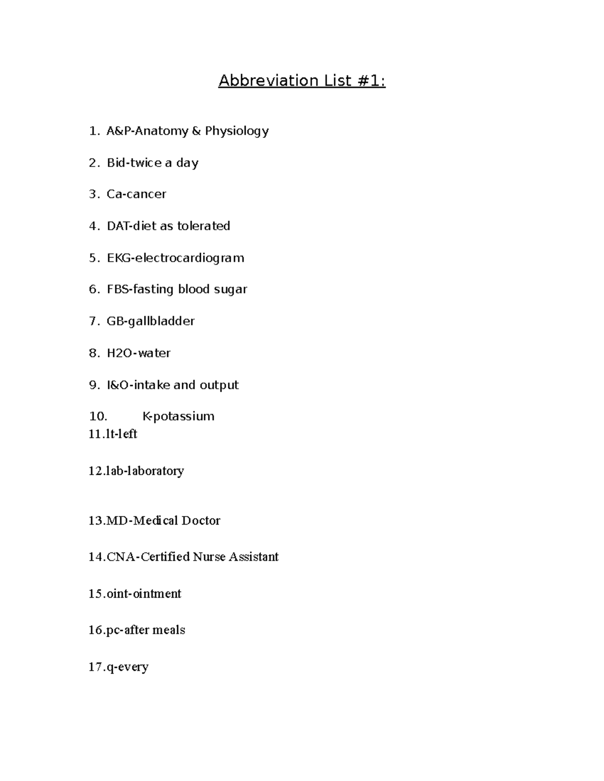 Abbreviation List for Medical Terms in Physiology - Studocu