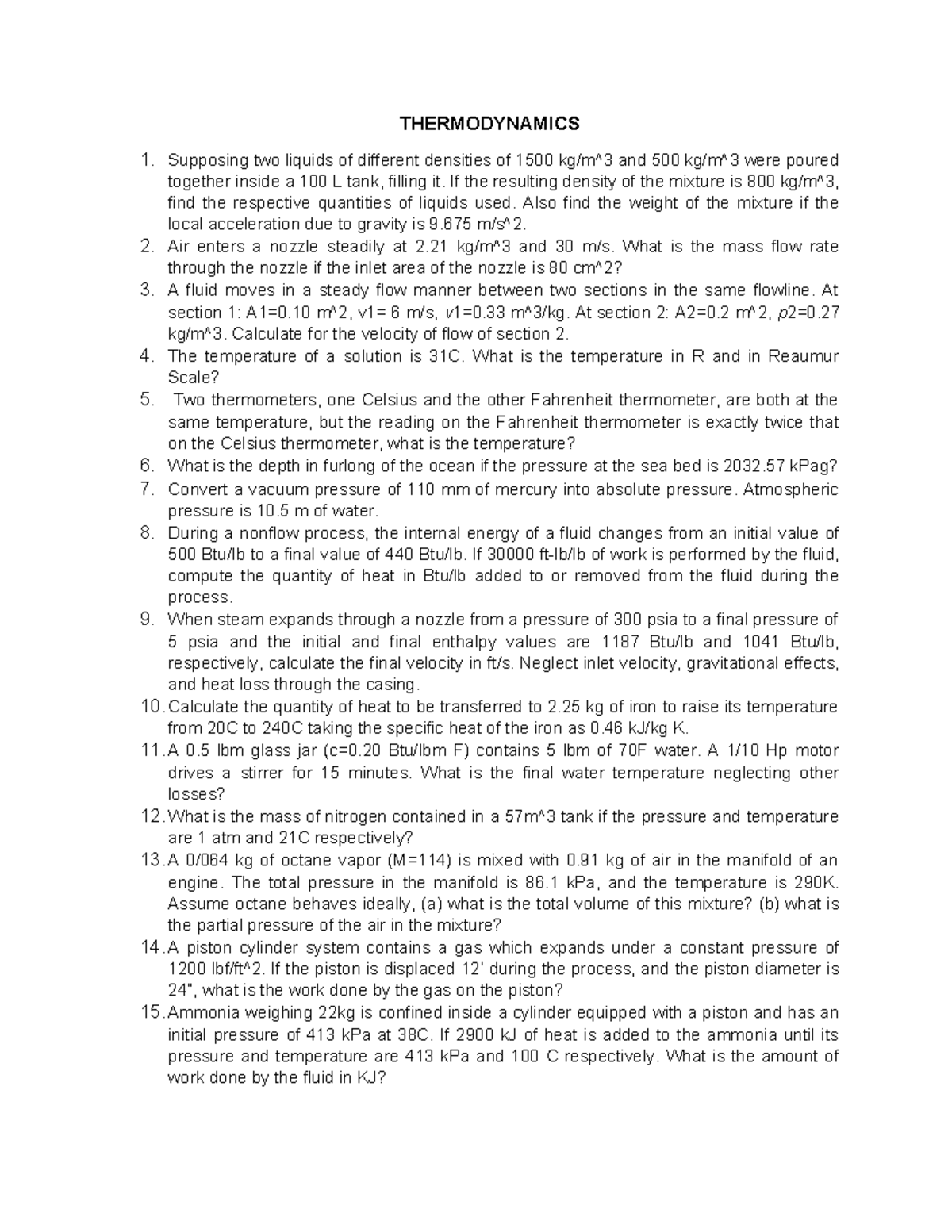 Thermodynamics 1: Problem Set and Solutions - Studocu