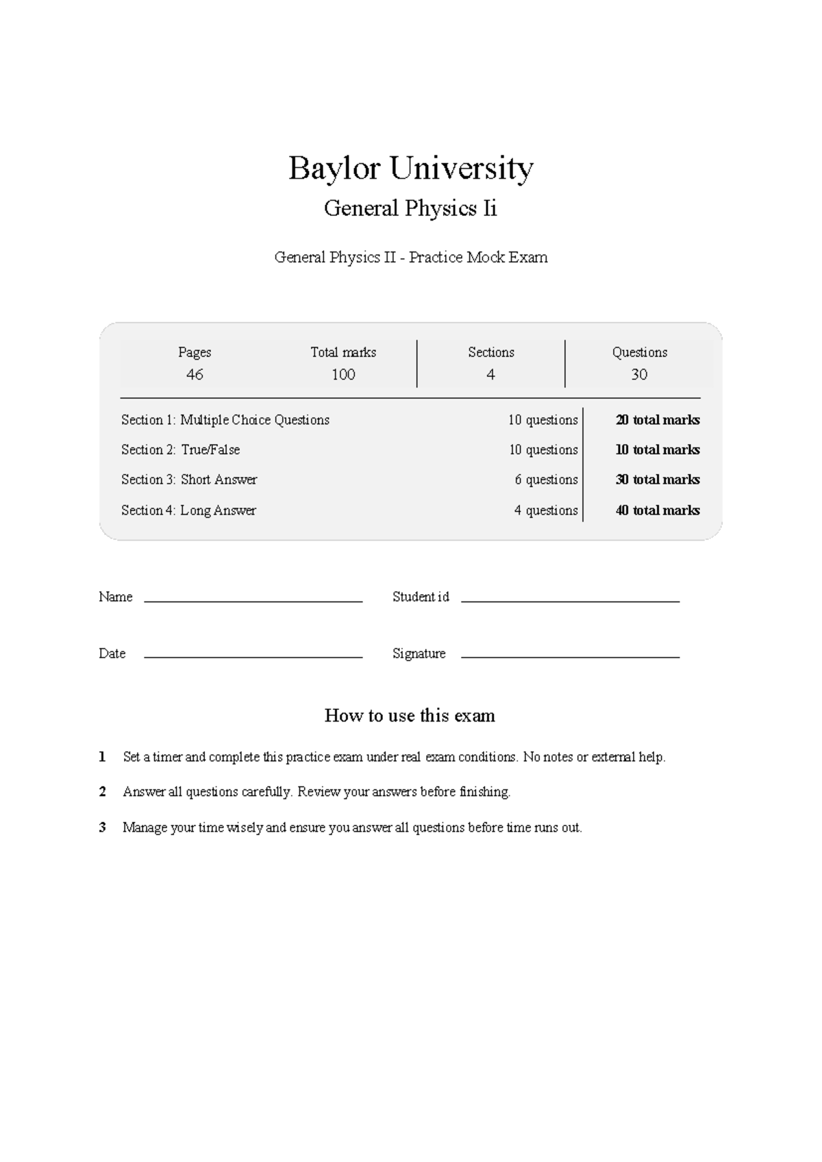 PHY 1430 General Physics II Baylor Practice Mock Exam 2026 - Studocu