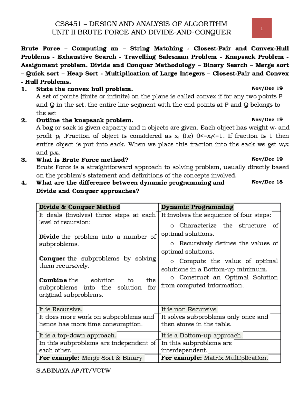 DAA Part A, Unit II - Question with answer - II BRUTE FORCE AND DIVIDE ...