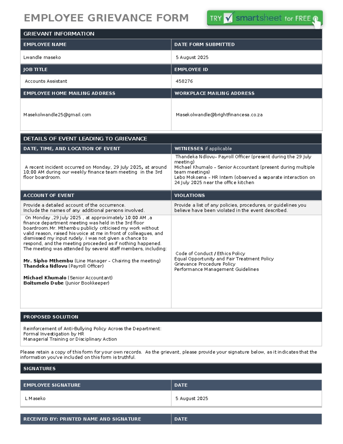 Employee Grievance Form - LDR 458276 - Incident Report - Studocu