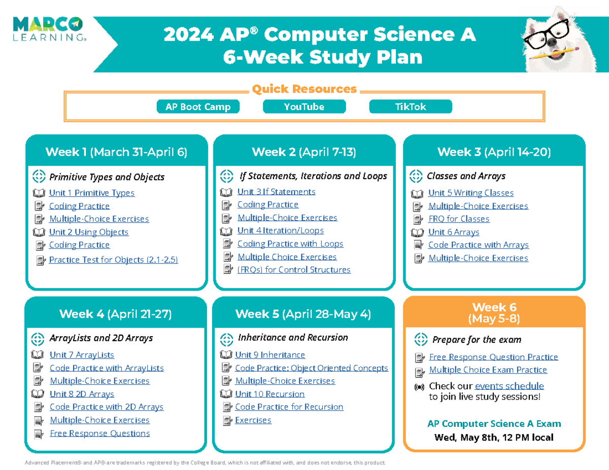 2024 AP CS A 6-Week Study Plan: Boot Camp Resources & Practice - Studocu