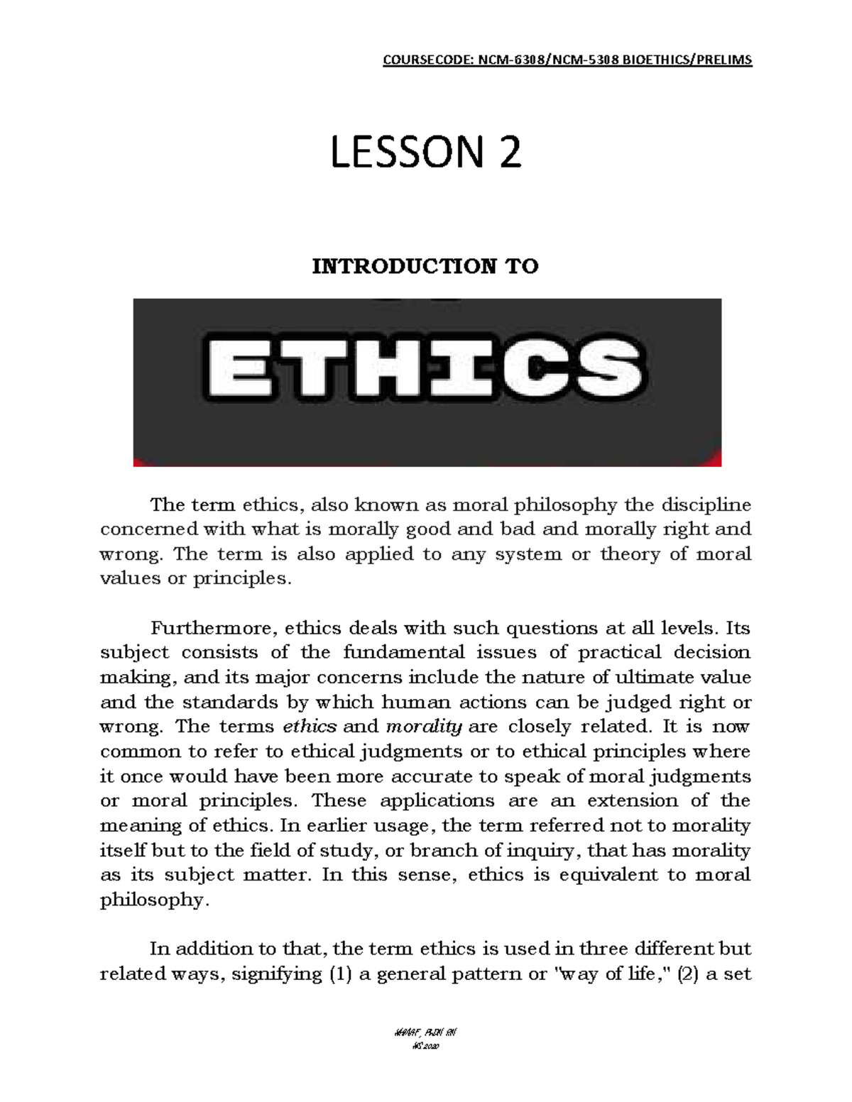 PhDN RN: Lesson 2 - Introduction to Ethics in Nursing and Bioethics ...