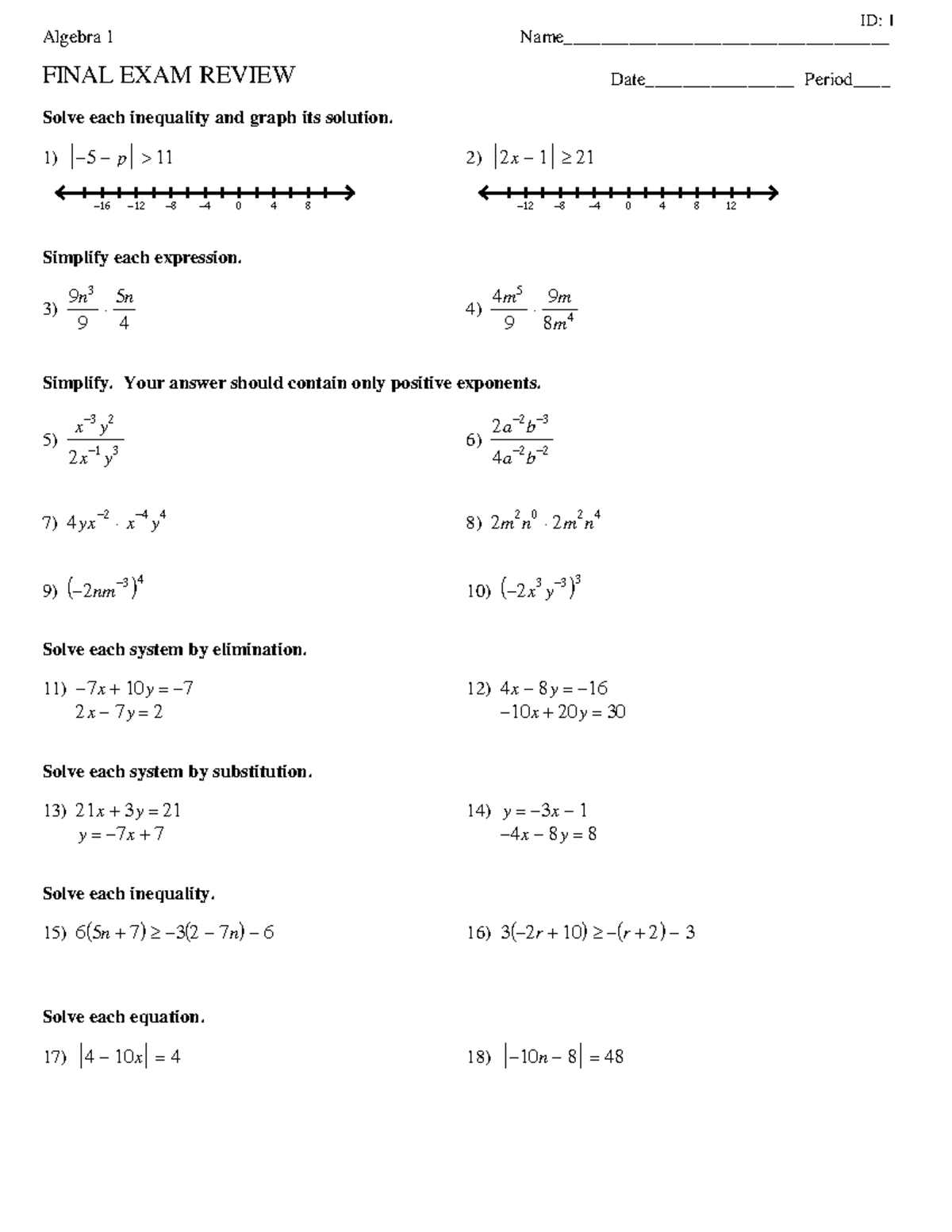 Algebra 1 Final Exam Review: Inequalities, Expressions & Graphs - Studocu