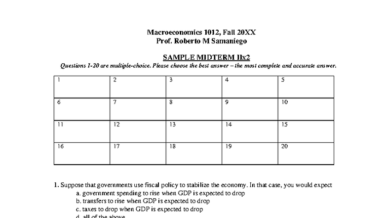 ECON 1012 Sample Midterm IIx2 Questions and Answers - Studocu