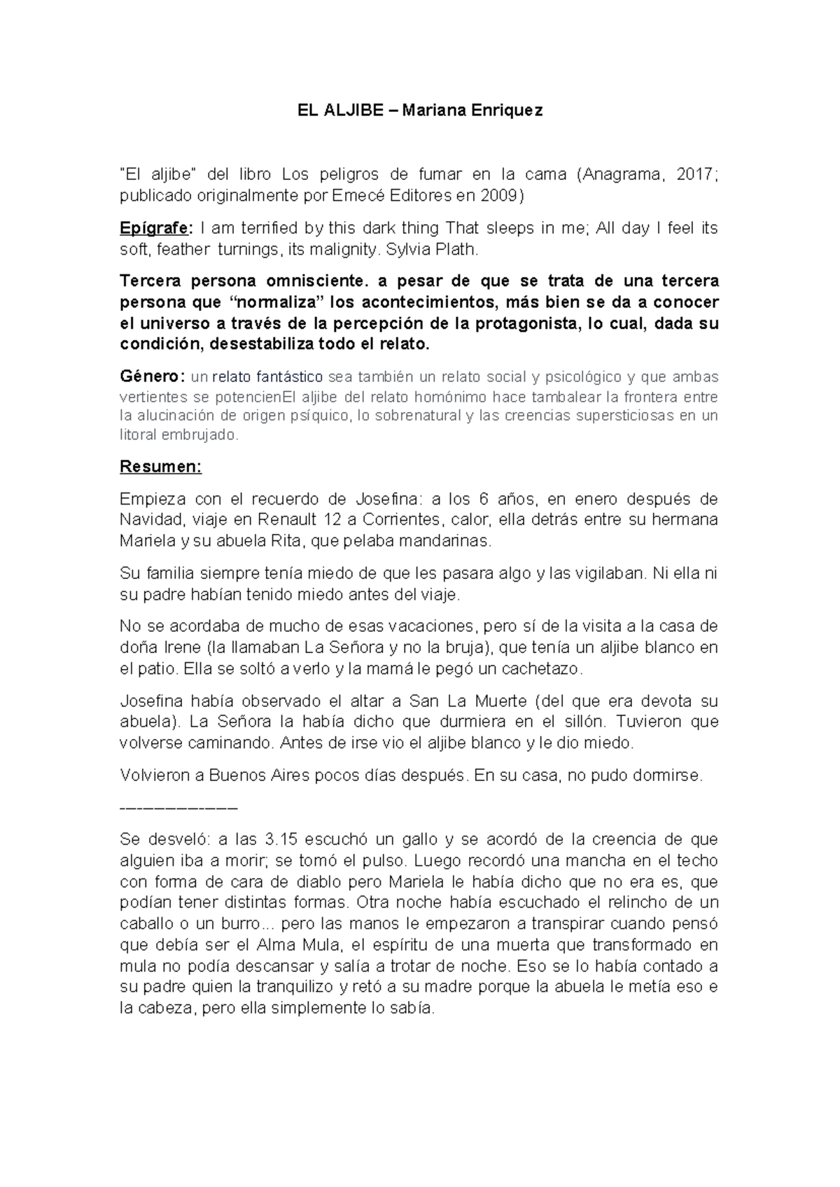 Análisis del Cuento "El Aljibe" - Mariana Enriquez (Literatura) - Studocu