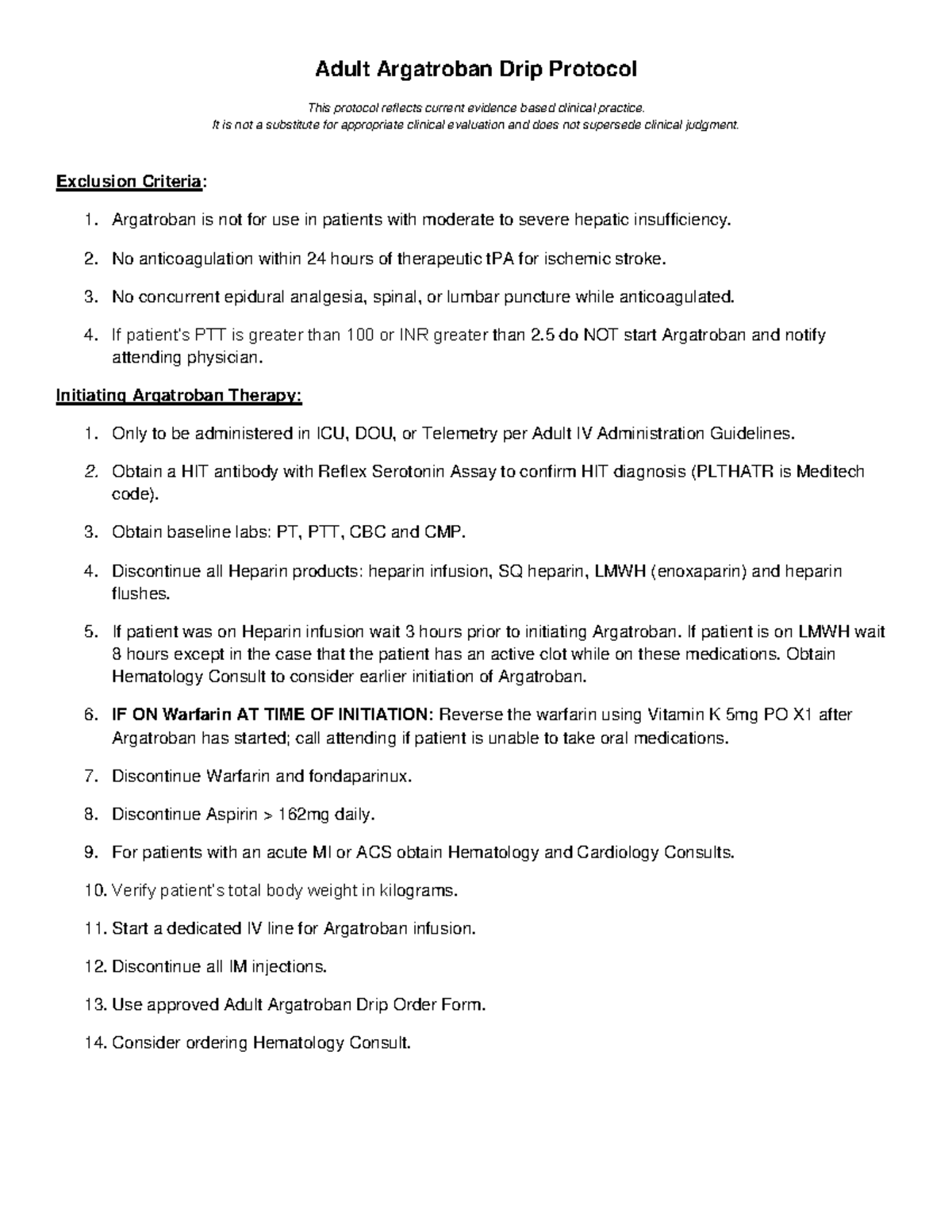 Adult Argatroban GTT Protocol for ICU & Telemetry Use - Studocu