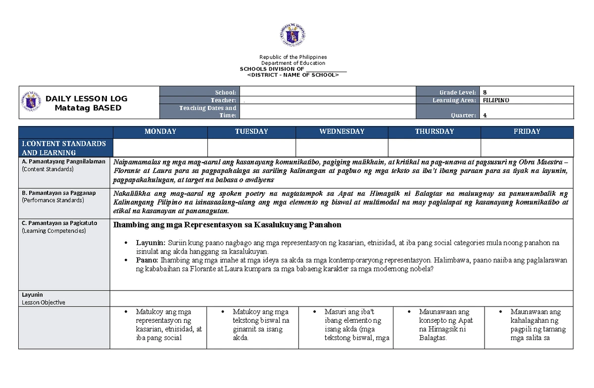 WEEK 1 Matatag Lesson Plan for Filipino 8 - Studocu