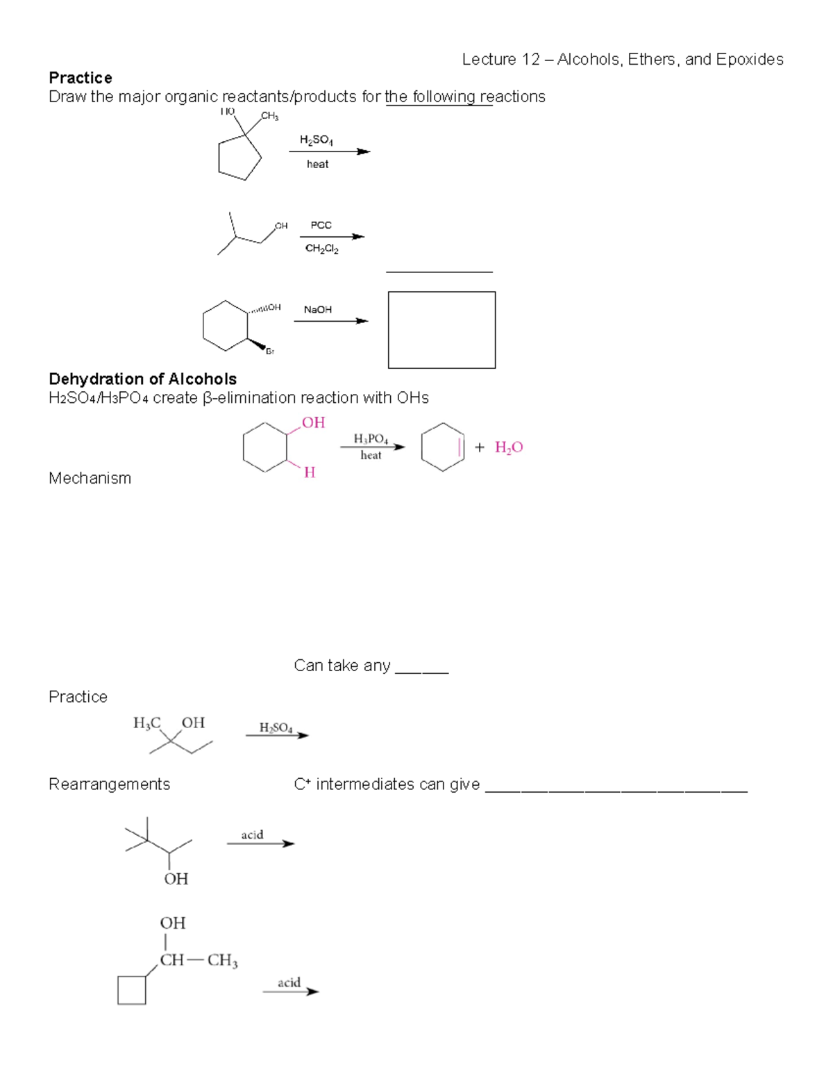 Lecture 12: Alcohols, Ethers, and Epoxides Overview and Practice Notes ...