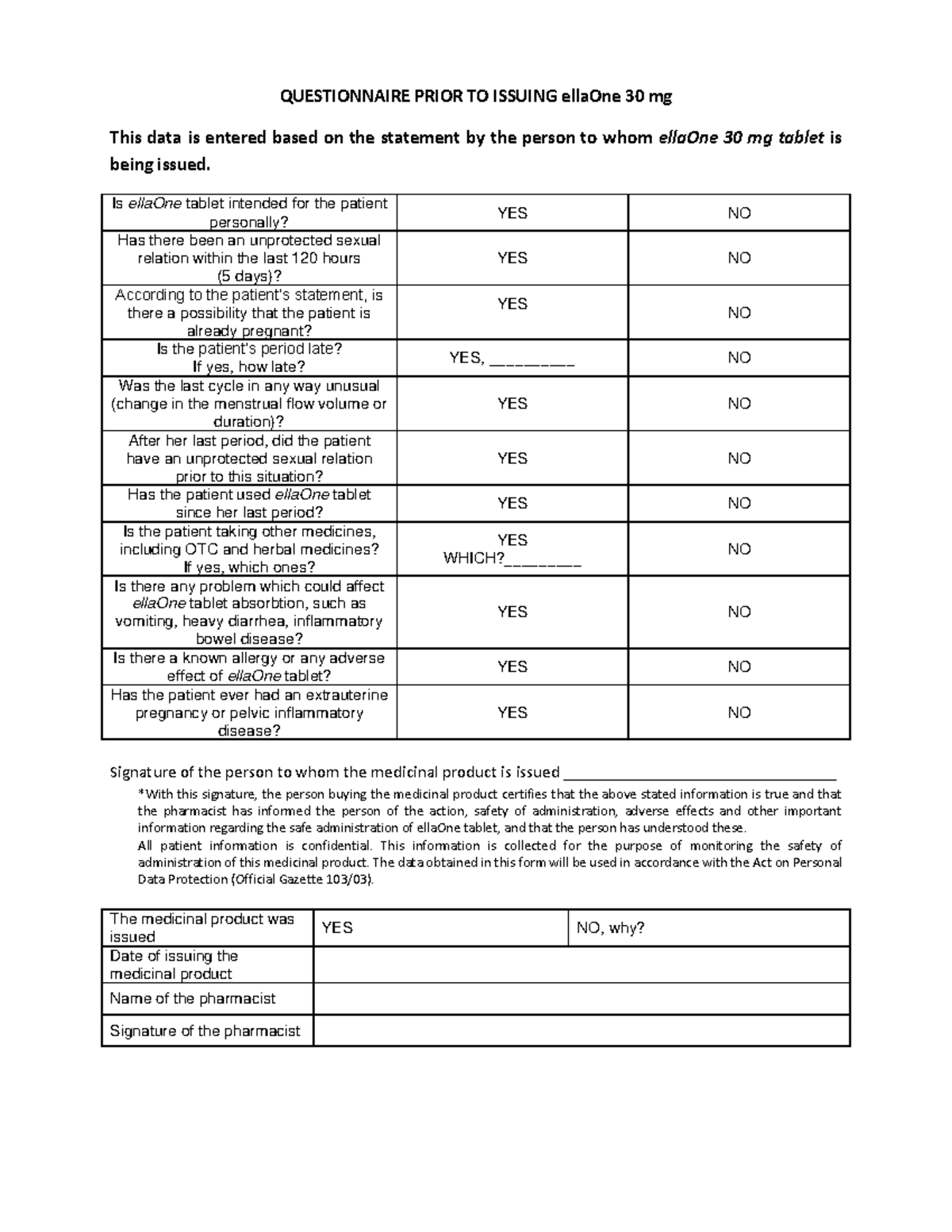 EllaOne 30 mg Tablet Issuance Questionnaire and Safety Checklist - Studocu