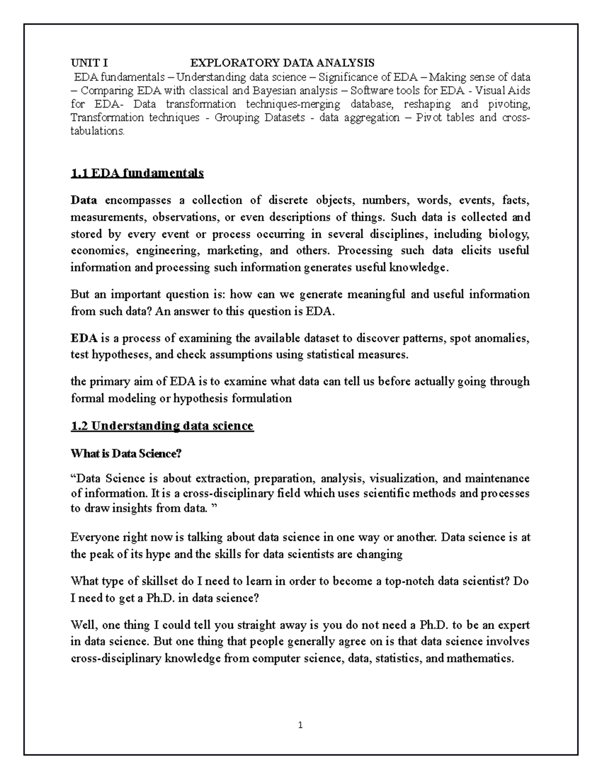 Ad3301 Dev Unit I Notes Unit I Exploratory Data Analysis Eda