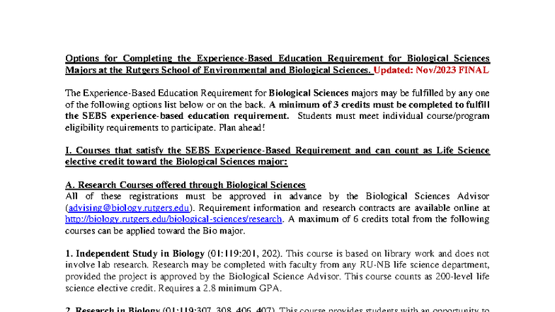 Options for Completing SEBS Education Requirement for Bio Majors - Studocu