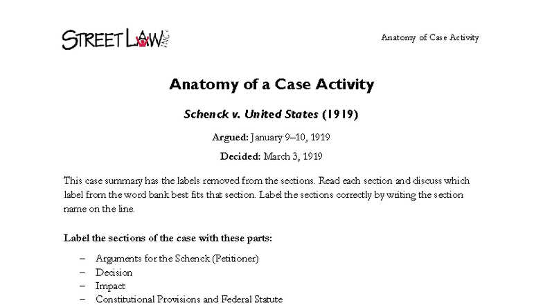 Schenck v. United States (1919) - Anatomy of a Case Study - Studocu