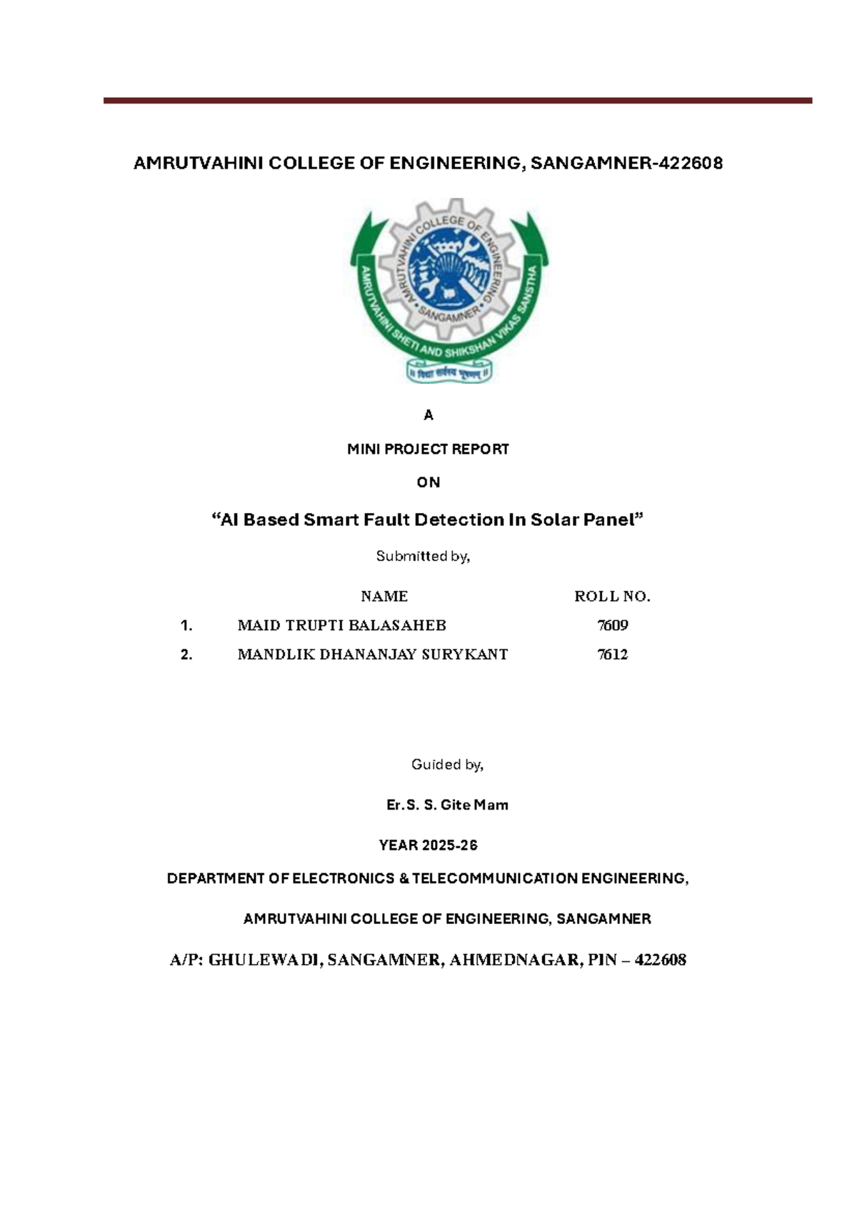 Mini Project Report on Smart Fault Detection in Solar Panels (ETC 2026 ...
