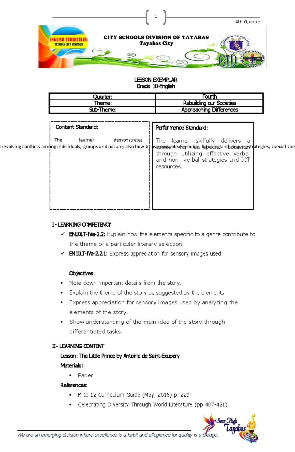 G10 english lesson exemplar 4th quarter - 1 4th Quarter Content ...