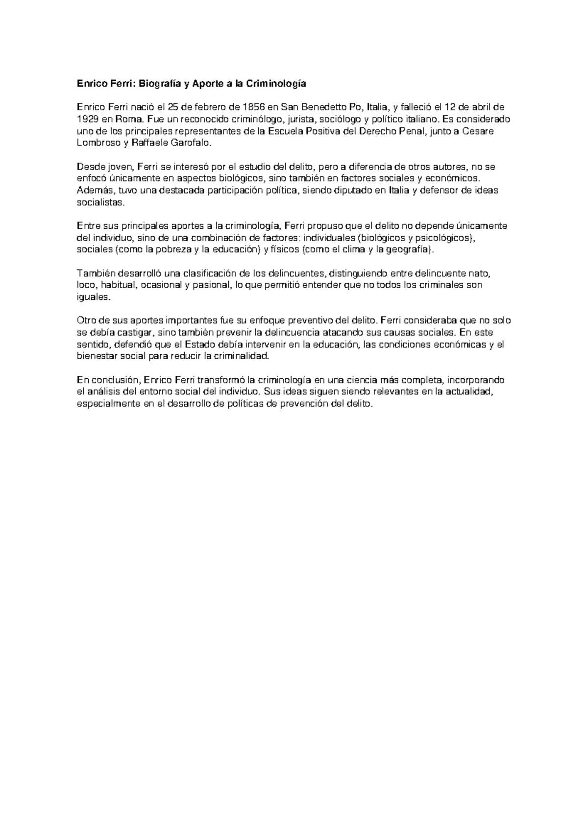Enrico Ferri: Biografía y Aportes a la Criminología - Exposición - Studocu
