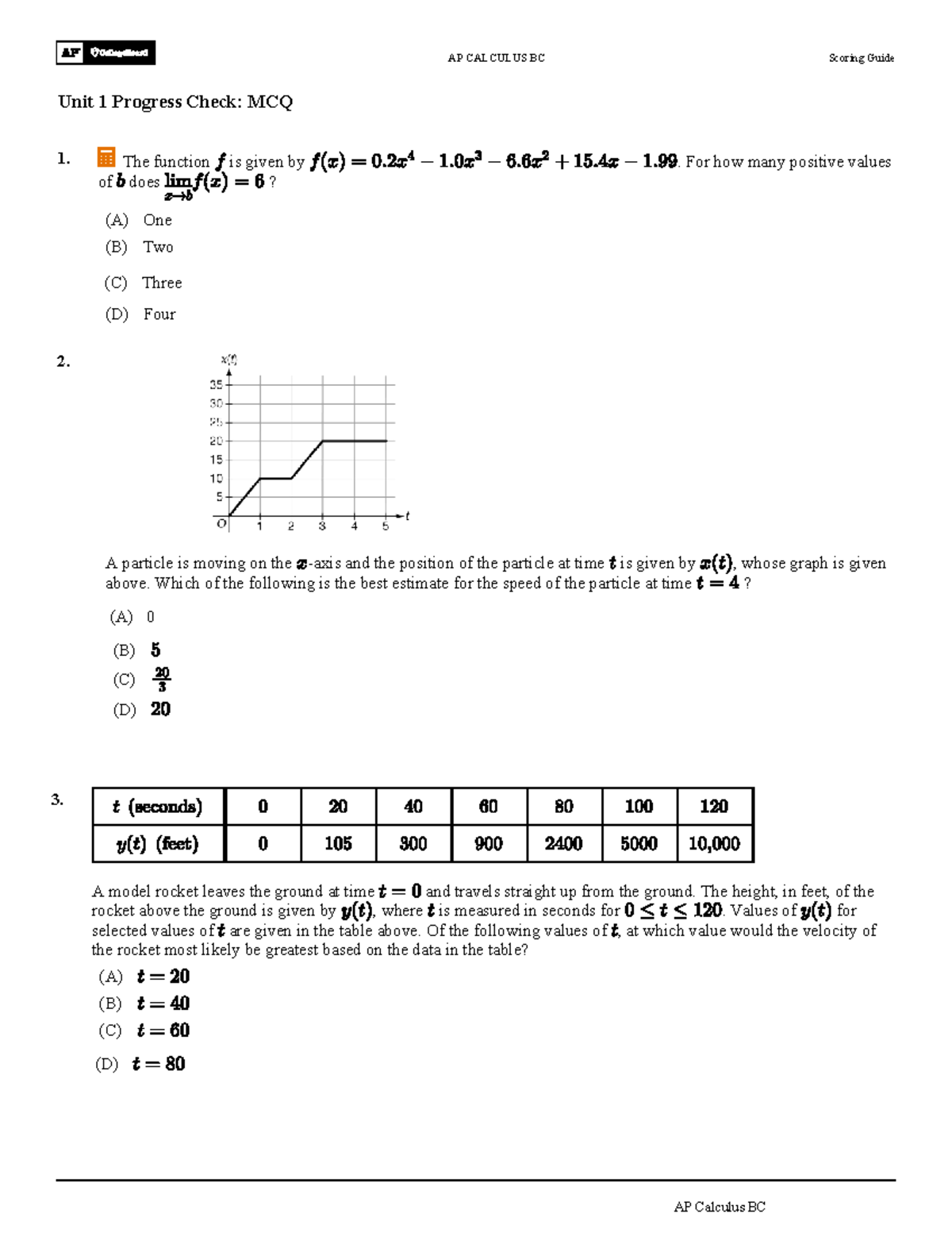 AP CALCULUS BC Unit 1 Progress Check: MCQ & FRQ Scoring Guide - Studocu