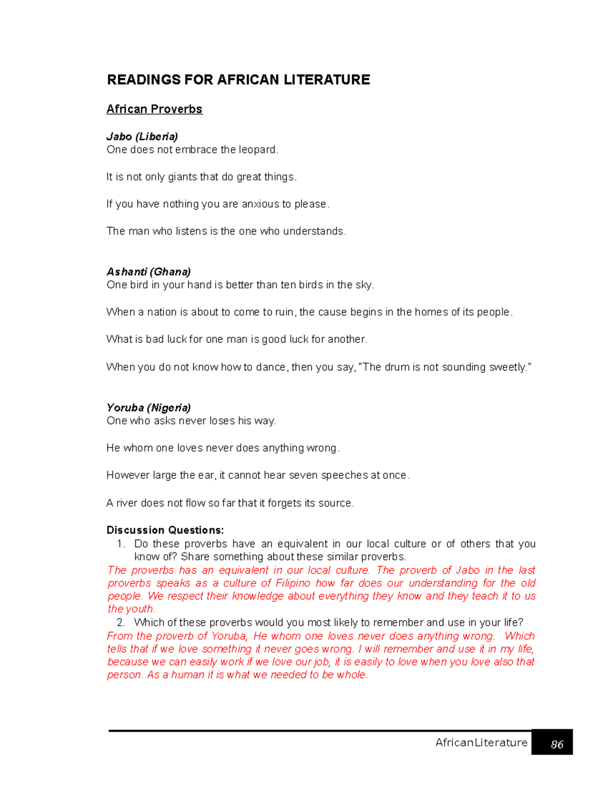 African Literature Readings: Proverbs, Poems, and Perspectives - Studocu