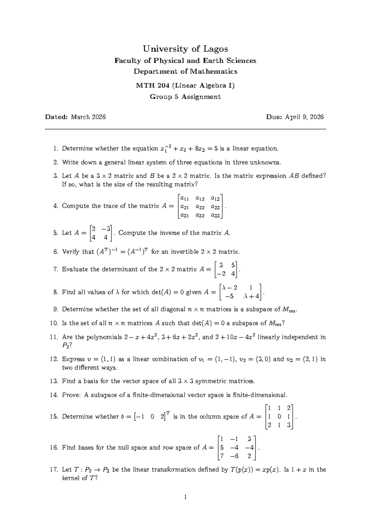 MTH 204 Linear Algebra I Group 5 Assignment Practice - Studocu