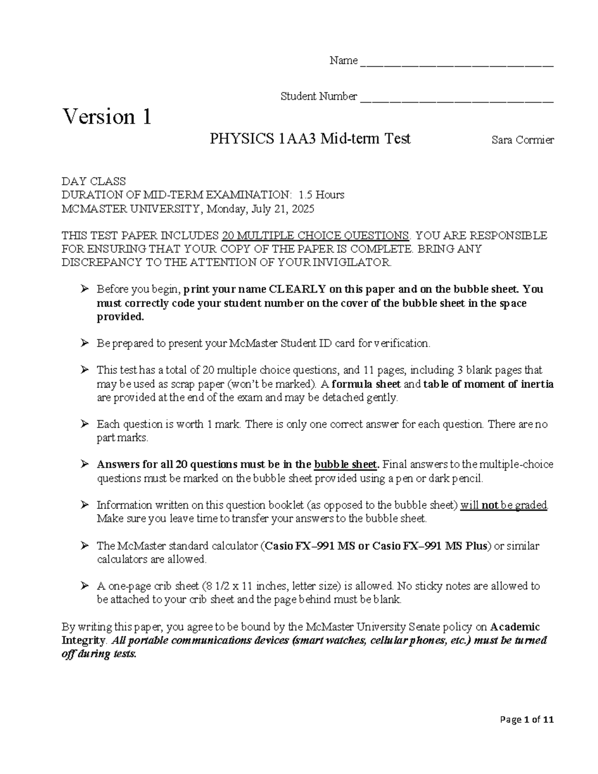 PHYSICS 1AA3 Summer 2025 Practice Test - Multiple Choice Questions ...