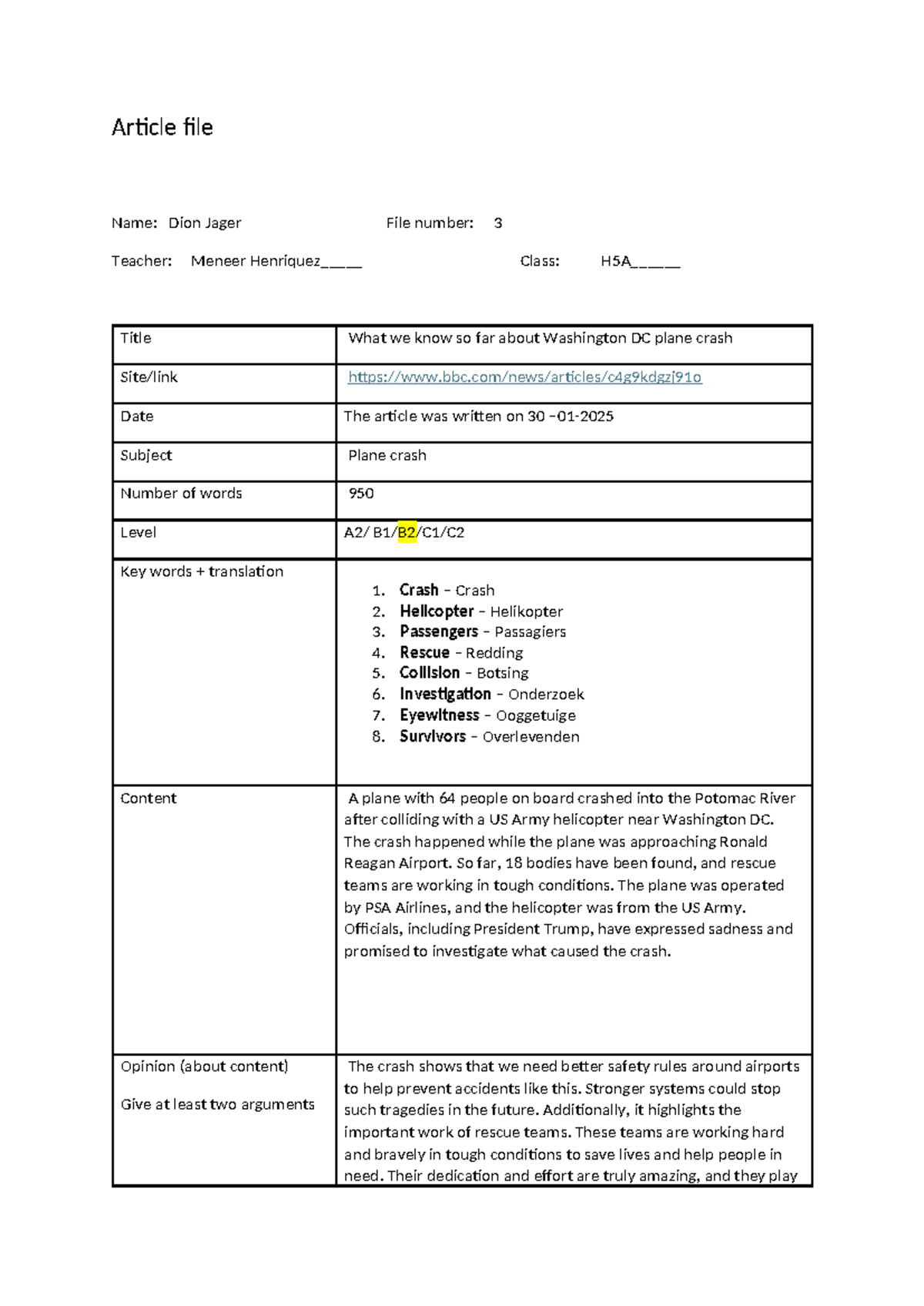 3 Havo Article: Insights on the Washington DC Plane Crash - Studeersnel