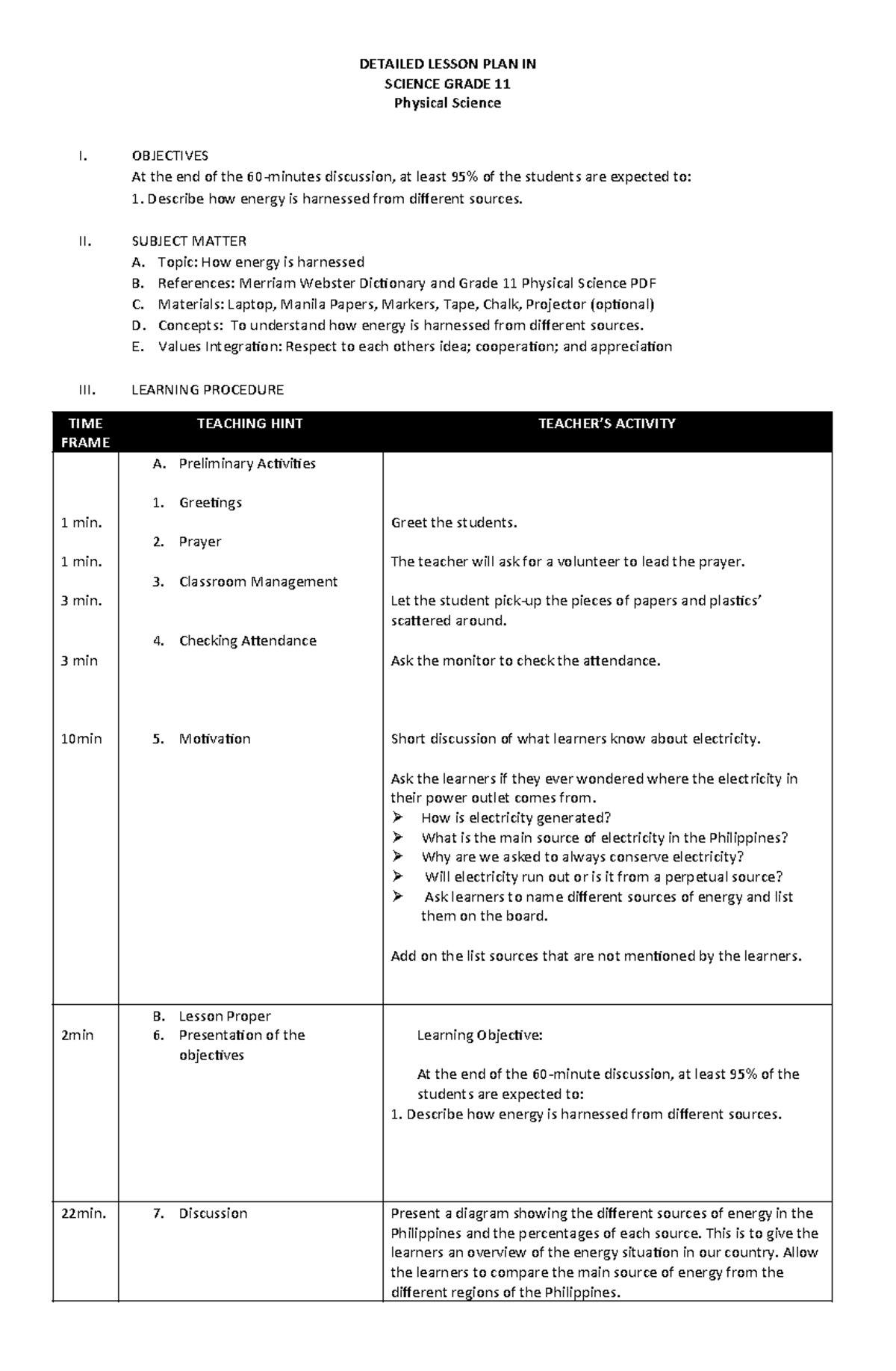 Detailed Lesson Plan: Harnessing Energy Sources - Science Grade 11 ...