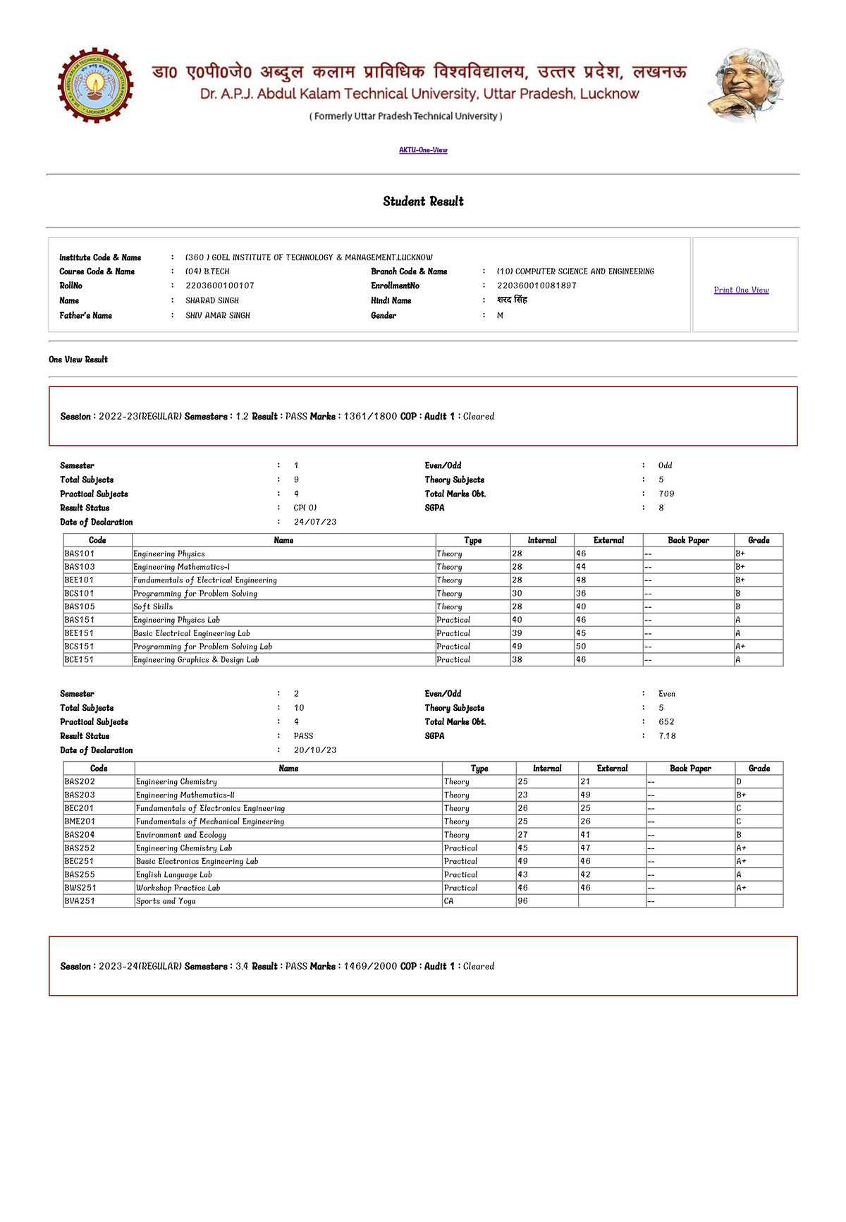 Graduation Marksheet (B.TECH) - GOEL INSTITUTE OF TECHNOLOGY - Studocu