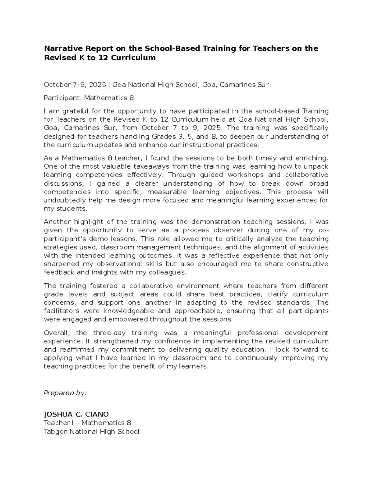 Narrative Report: Training for Teachers on K to 12 Curriculum (Math 8 ...
