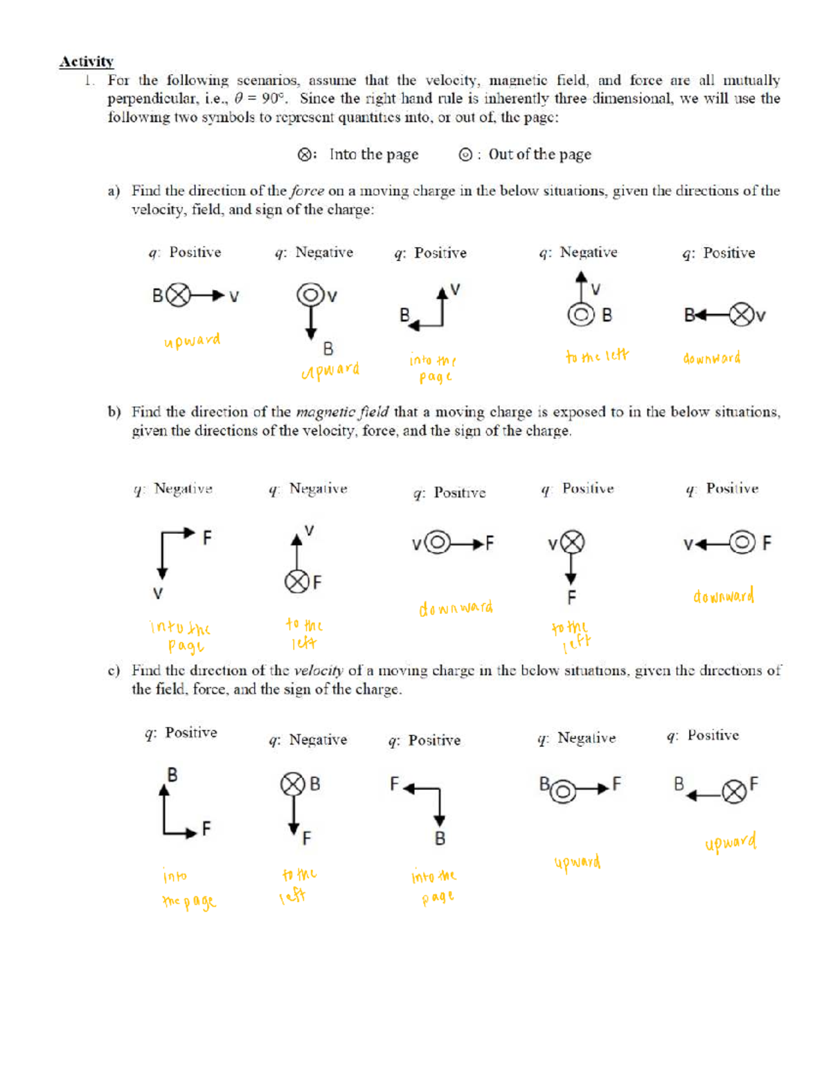 Activity 1: Direction of Force, Velocity, and Magnetic Field in Physics ...
