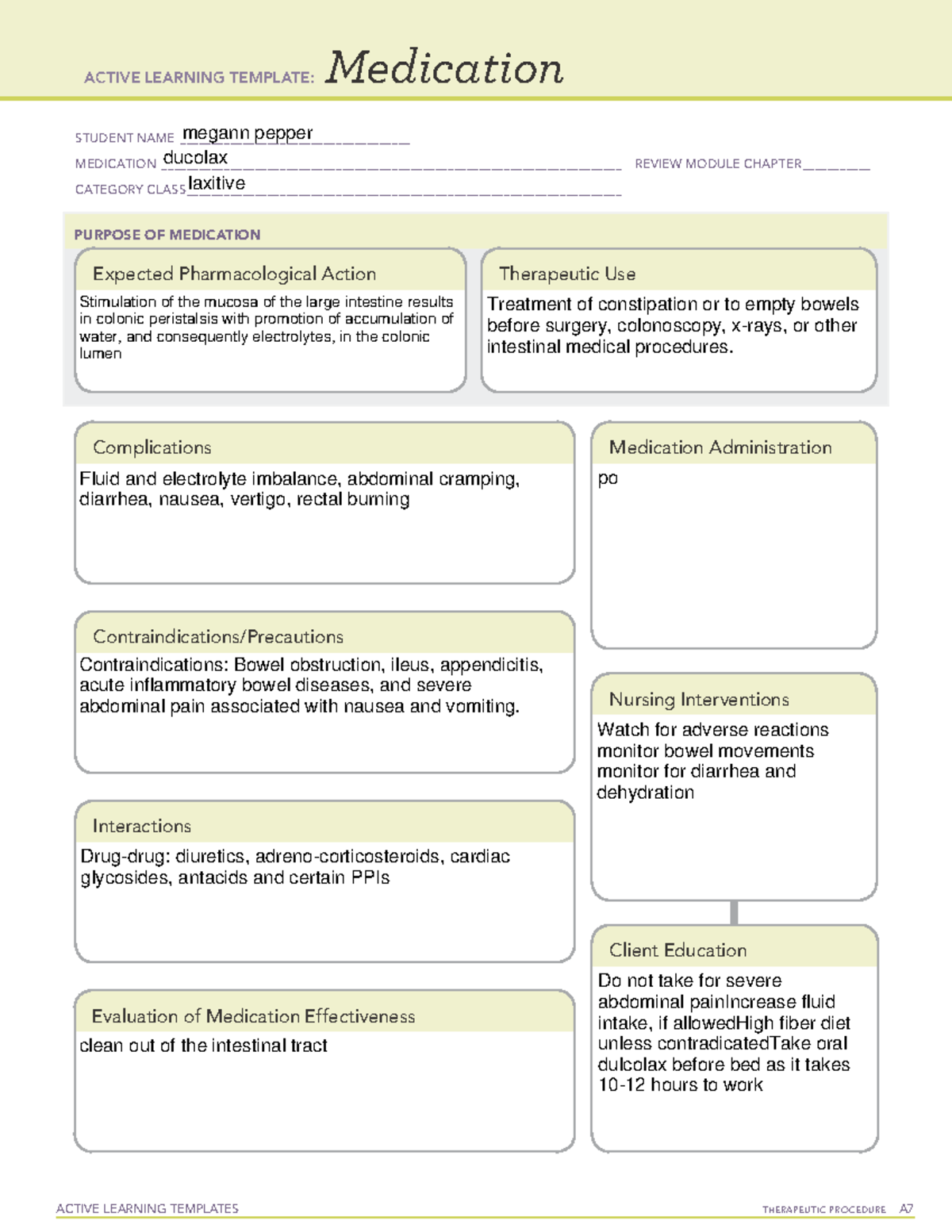 ACTIVE LEARNING TEMPLATE: Drug Card for Dulcolax (Laxative) - Studocu