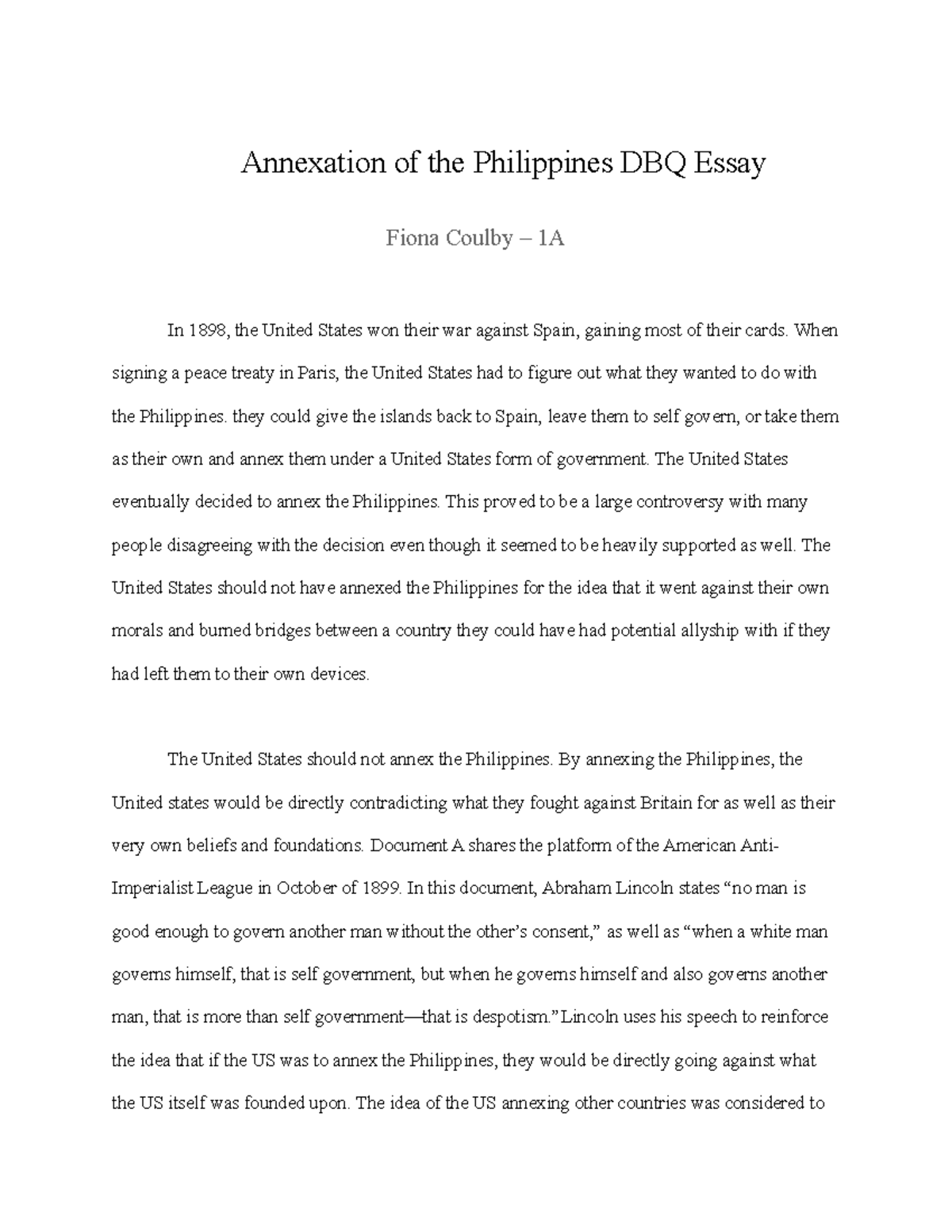 DBQ Essay on the Controversy of Philippine Annexation (HIST 101) - Studocu