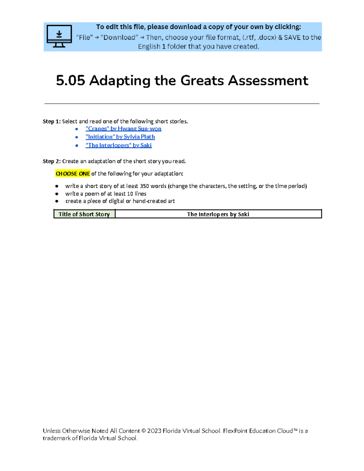 5.05 Adapting the Greats Assessment: Short Story Adaptation Guide - Studocu