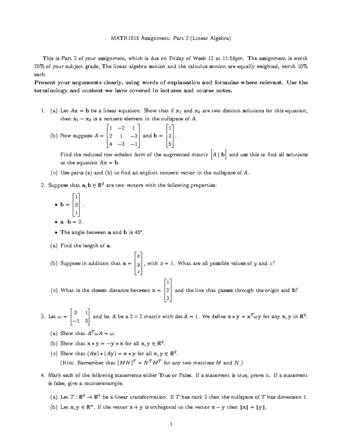 MATH1015 Assignment Part 2: Linear Algebra Concepts and Solutions - Studocu