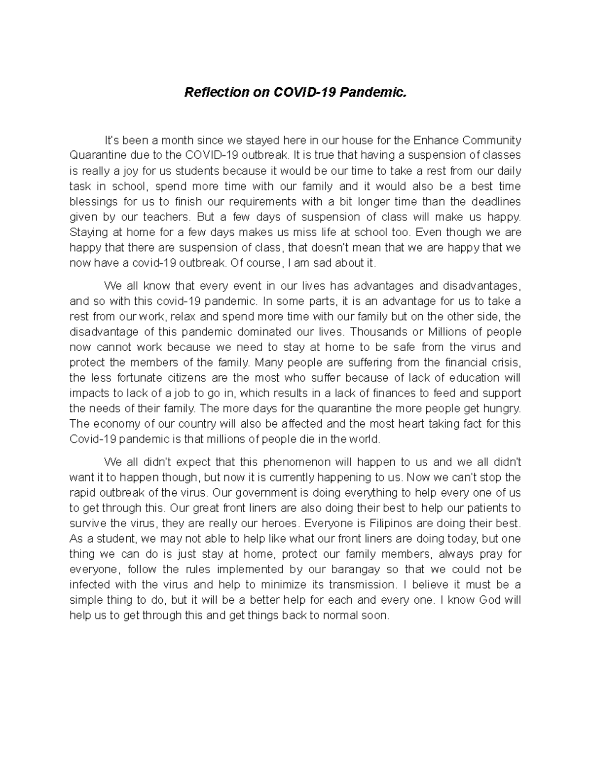 COVID-19 Reflection Paper: A Student's Perspective on Quarantine - Studocu