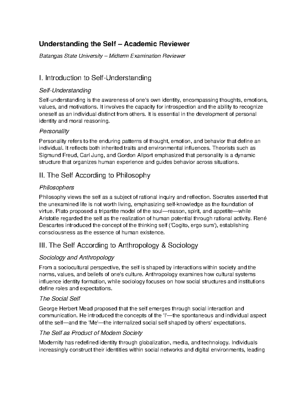 Understanding the Self: Midterm Exam Reviewer (BSU) - Studocu