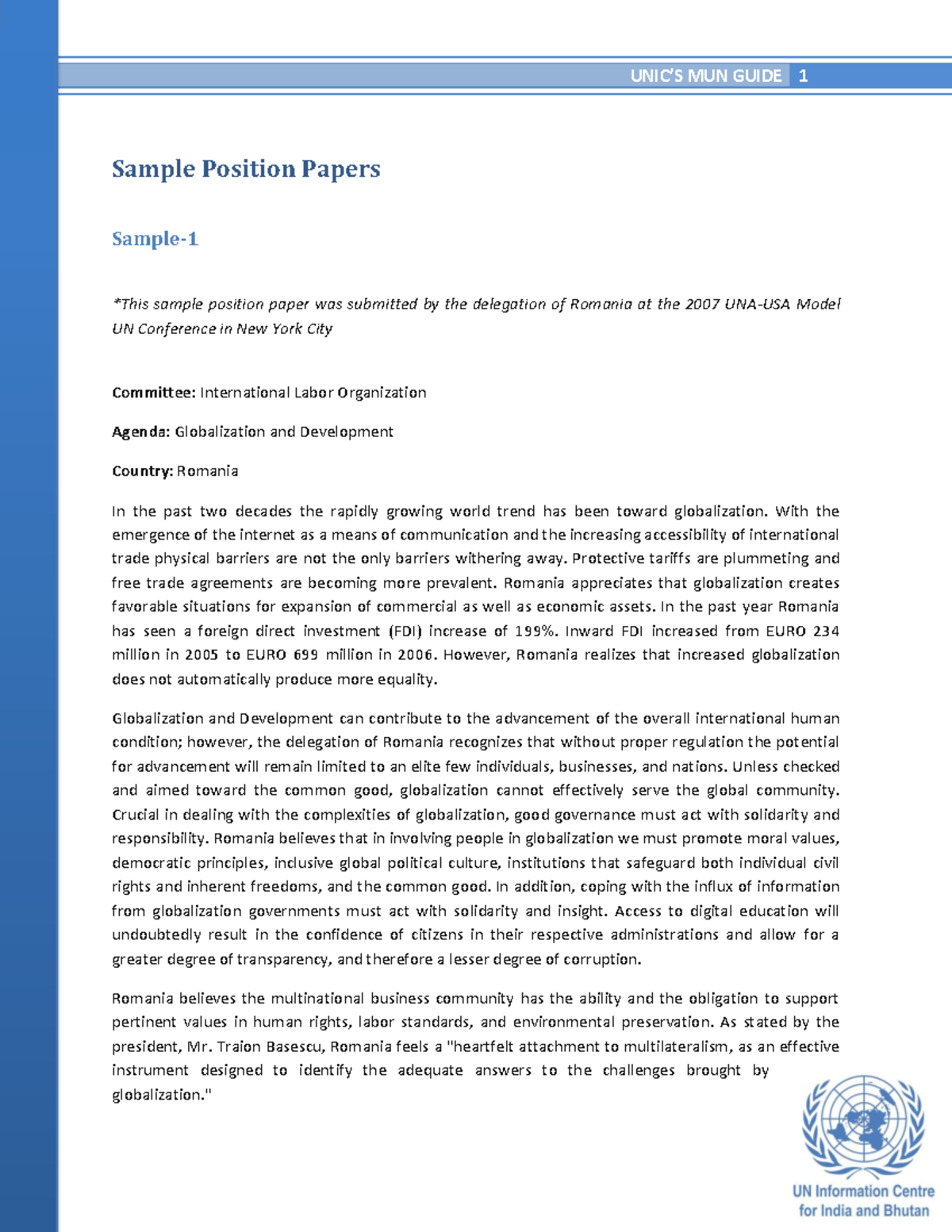 Sample Position Papers for UN MUN 2007: Romania & Portugal Insights ...