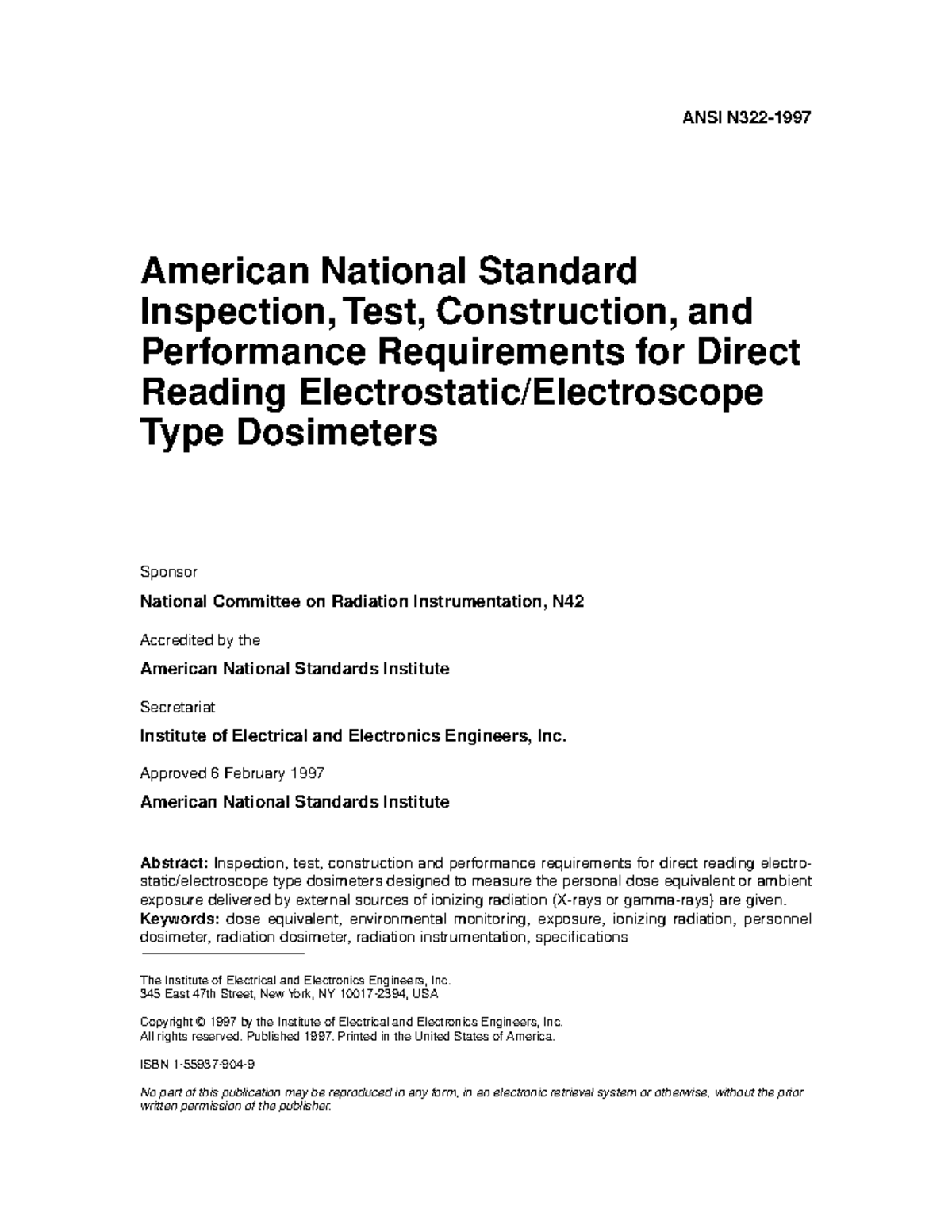 ANSI N322-1977: Inspection and Performance Standards for Dosimeters ...