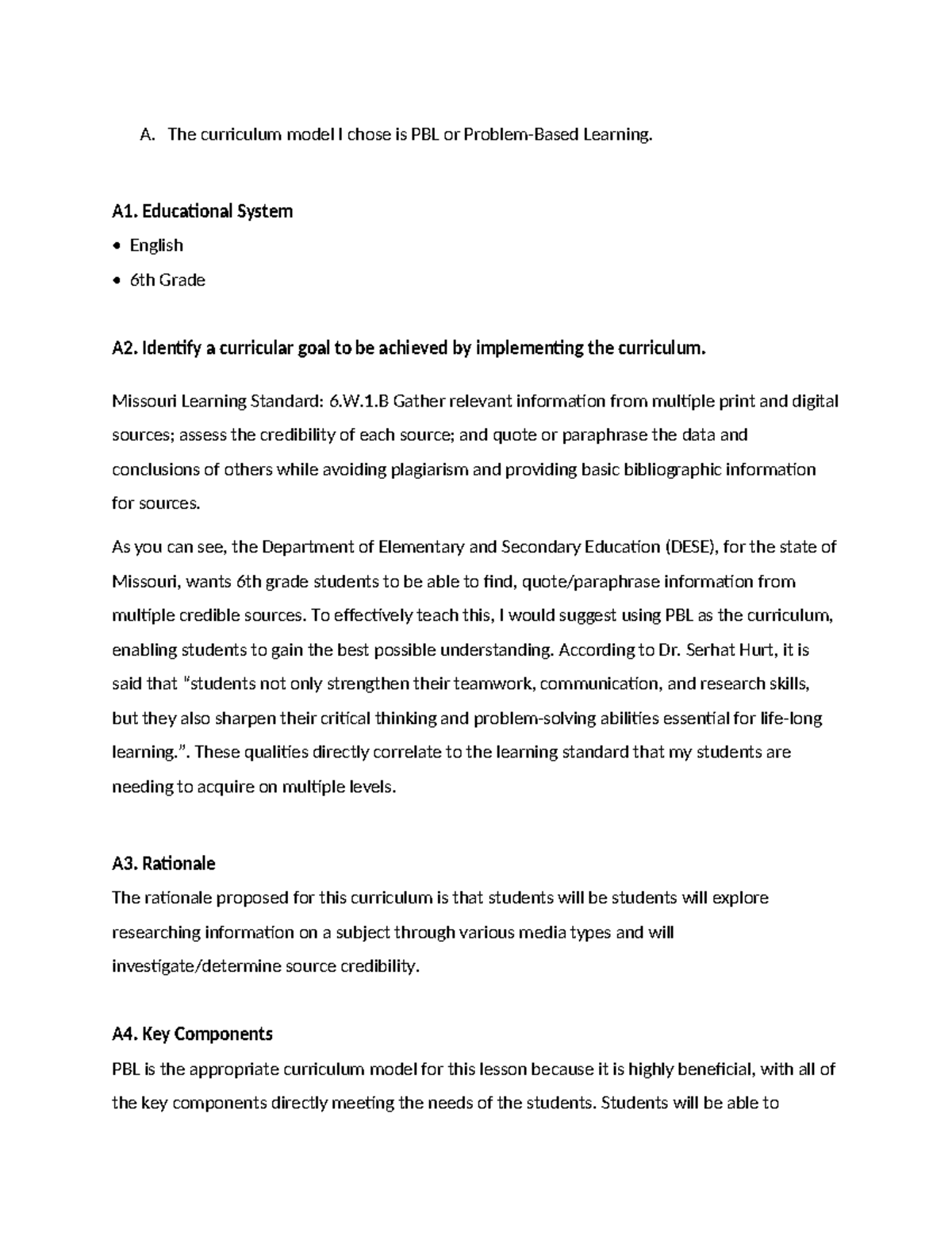 D631 Task 1 Pbl Curriculum Model For 6th Grade English Studocu