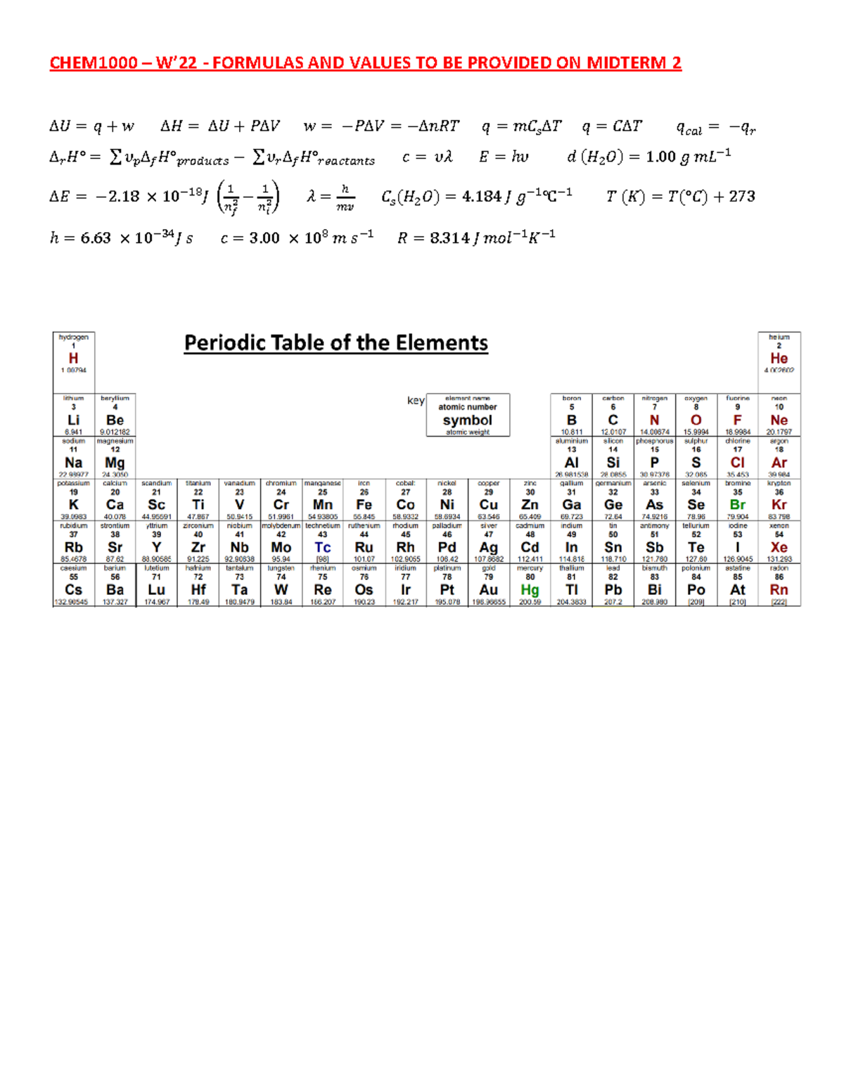 Formulas and Values - Midterm 2 - Sc/Chem 1000 - CHEM1000 – W’22 ...