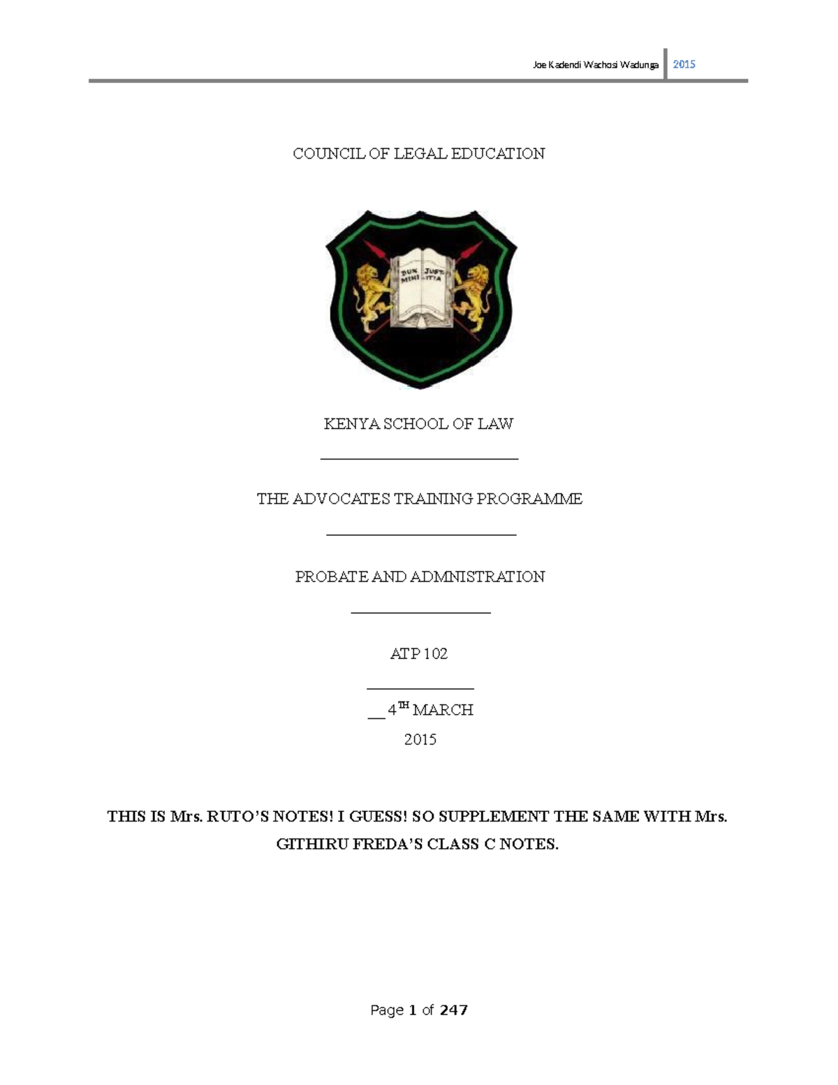 Probate & Administration Revision Notes for ATP 102 - March 2015 - Studocu