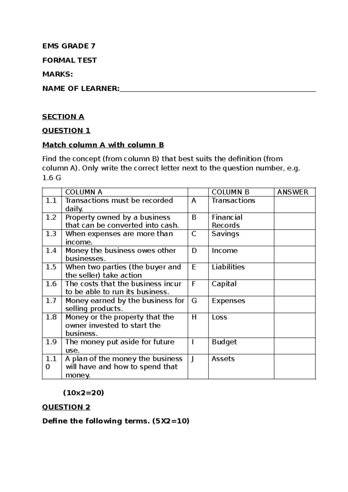 EMS GRADE 7 085806 - Formal Test Practice Questions and Answers - Studocu