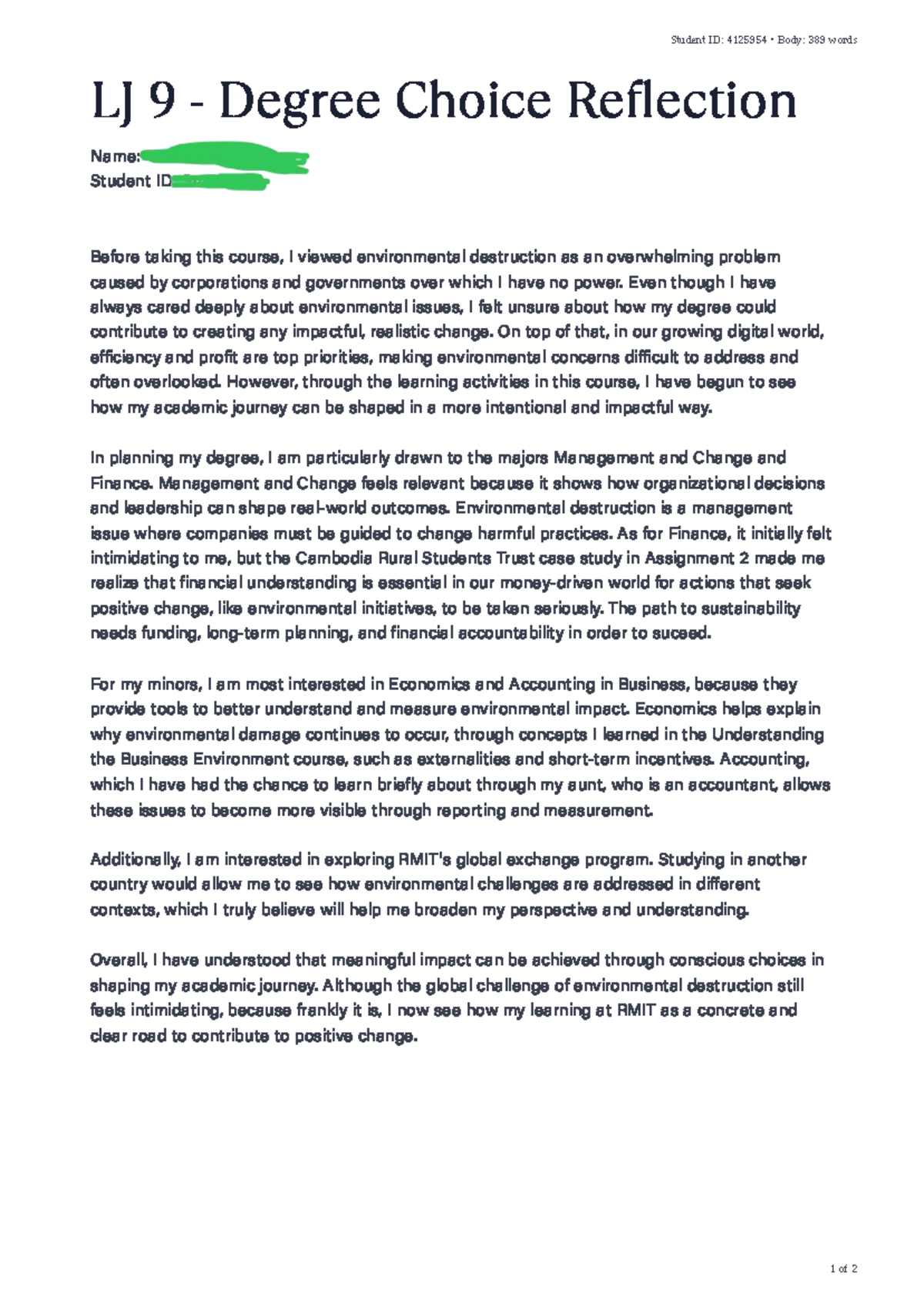 LJ 9 Degree Choice Reflection: Shaping My Academic Journey - Studocu