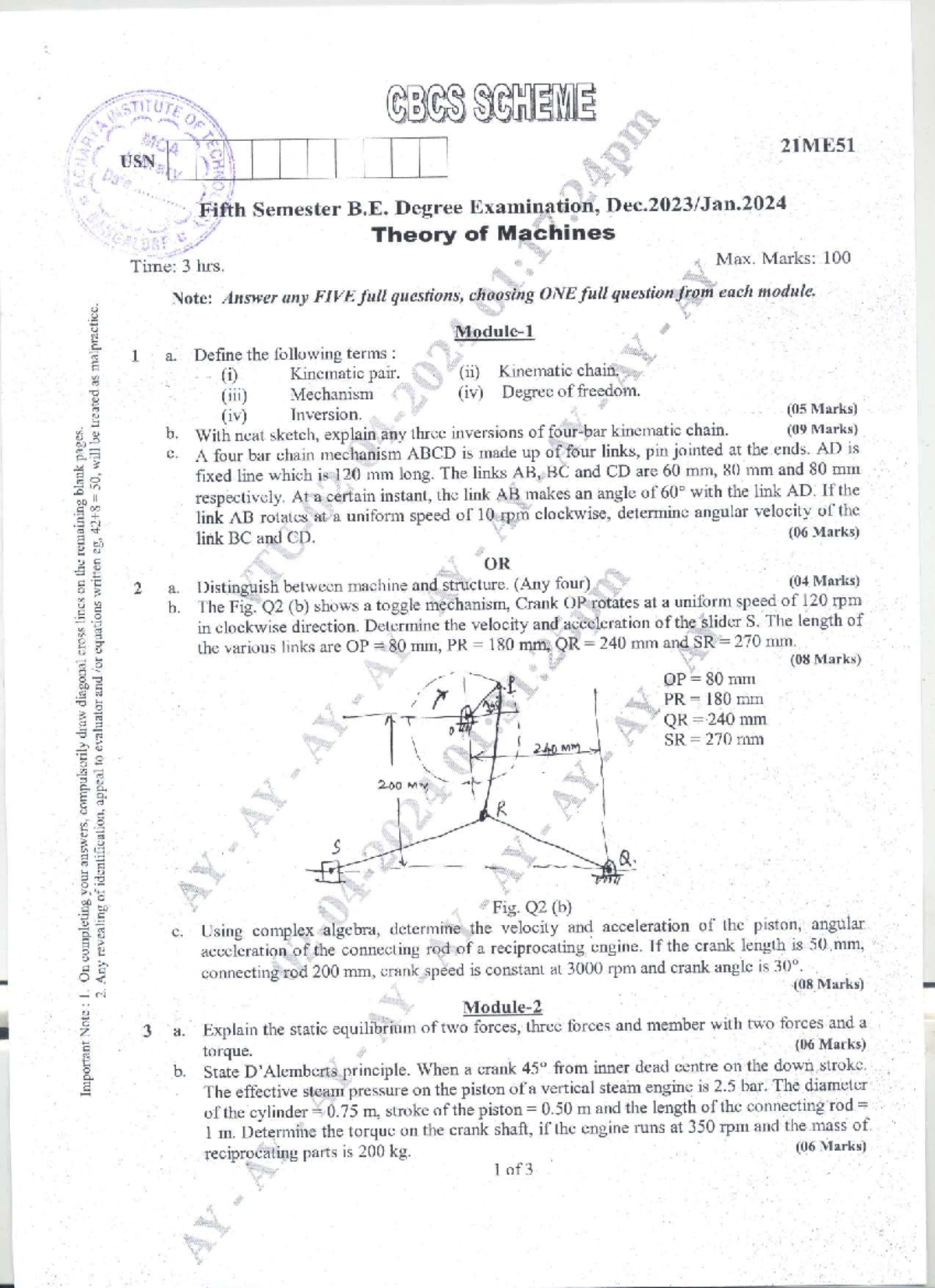 21ME51 Theory of Machines - Fifth Semester Exam Paper - Studocu