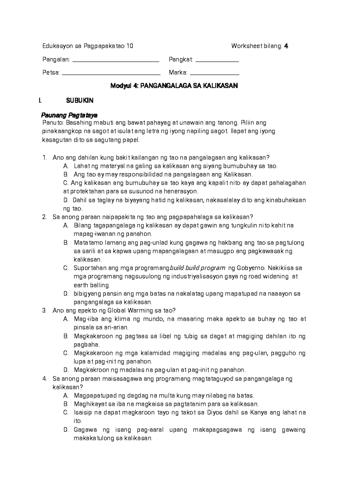 ESP G10 Modyul 4: Pangangalaga sa Kalikasan Worksheet - Studocu