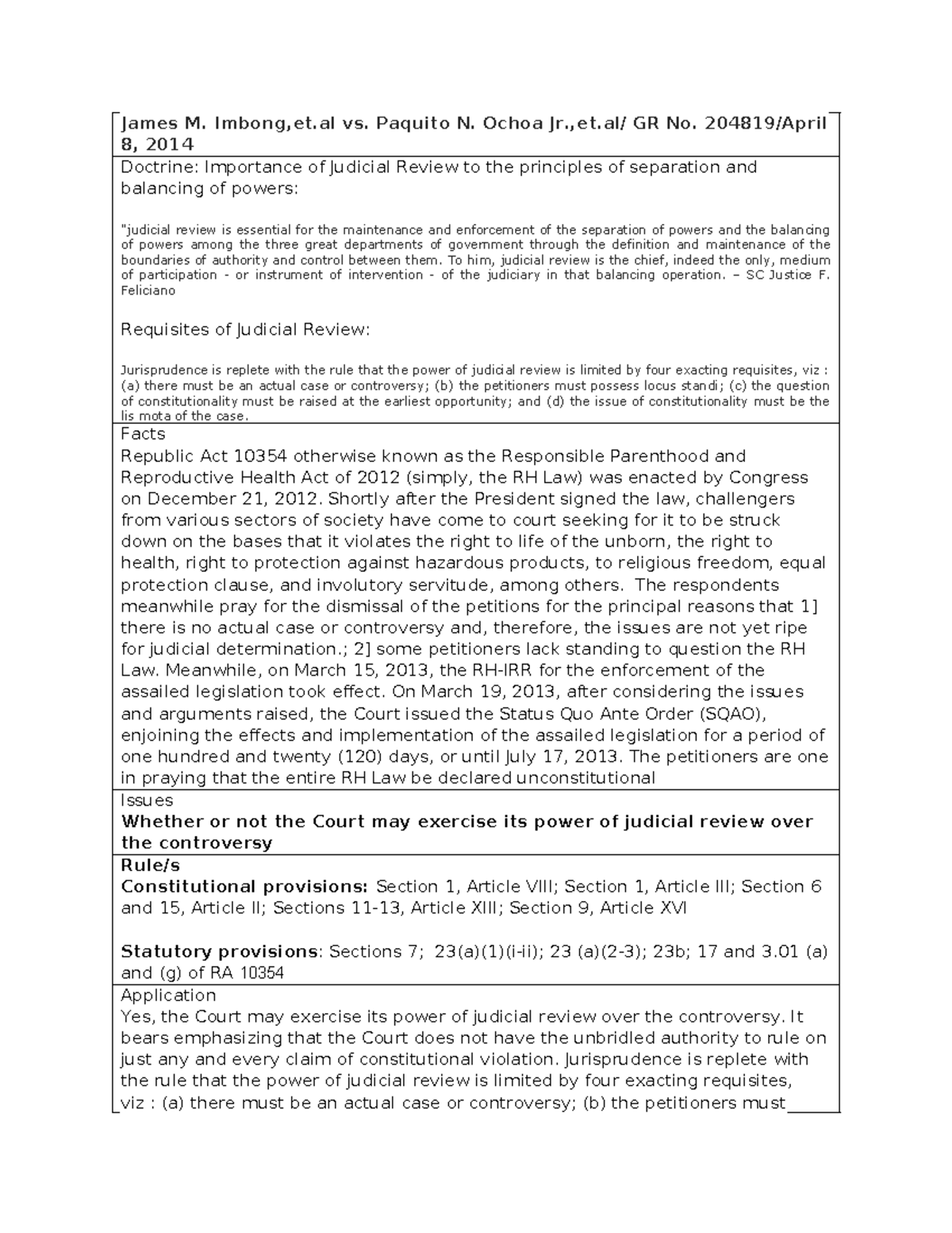 Imbong v. Ochoa GR No. 8, 2014: Judicial Review & Separation of Powers ...